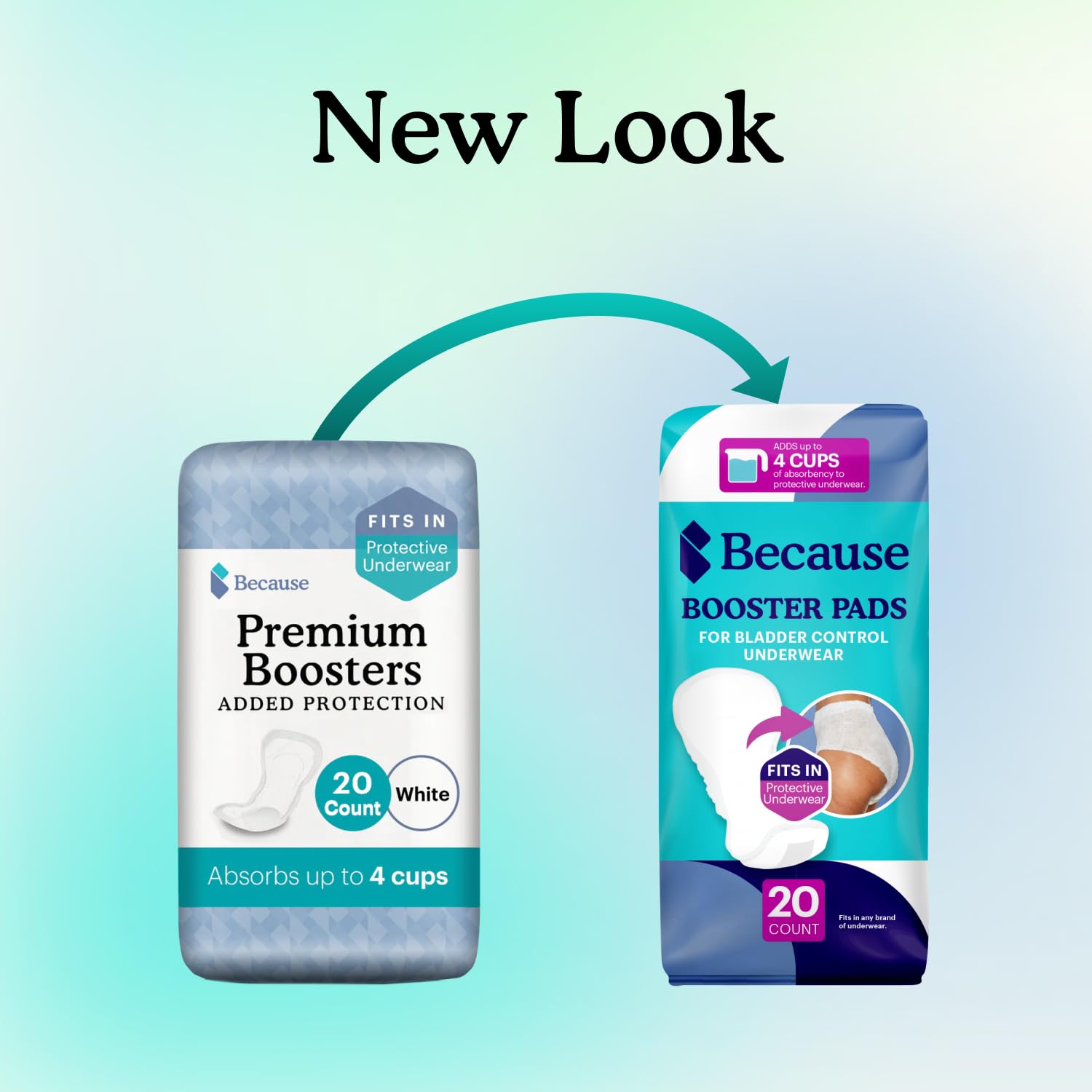Because Premium Incontinence Booster Pads for Men and Women, Adds Extra Absorbency to Adult Diapers, Super Soft, Adhesive Strip Backing, Unisex, 20 Count