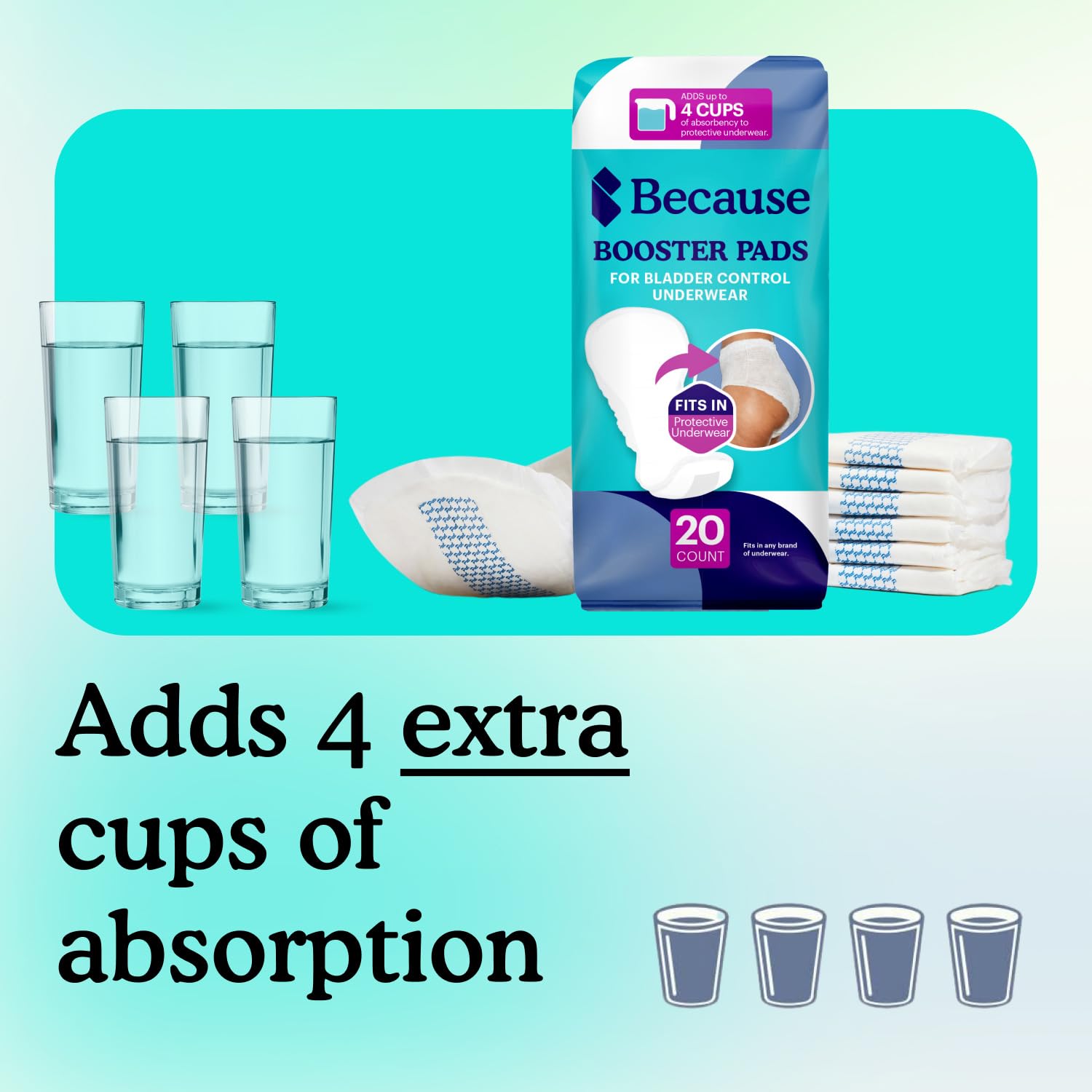 Because Premium Incontinence Booster Pads for Men and Women, Adds Extra Absorbency to Adult Diapers, Super Soft, Adhesive Strip Backing, Unisex, 20 Count