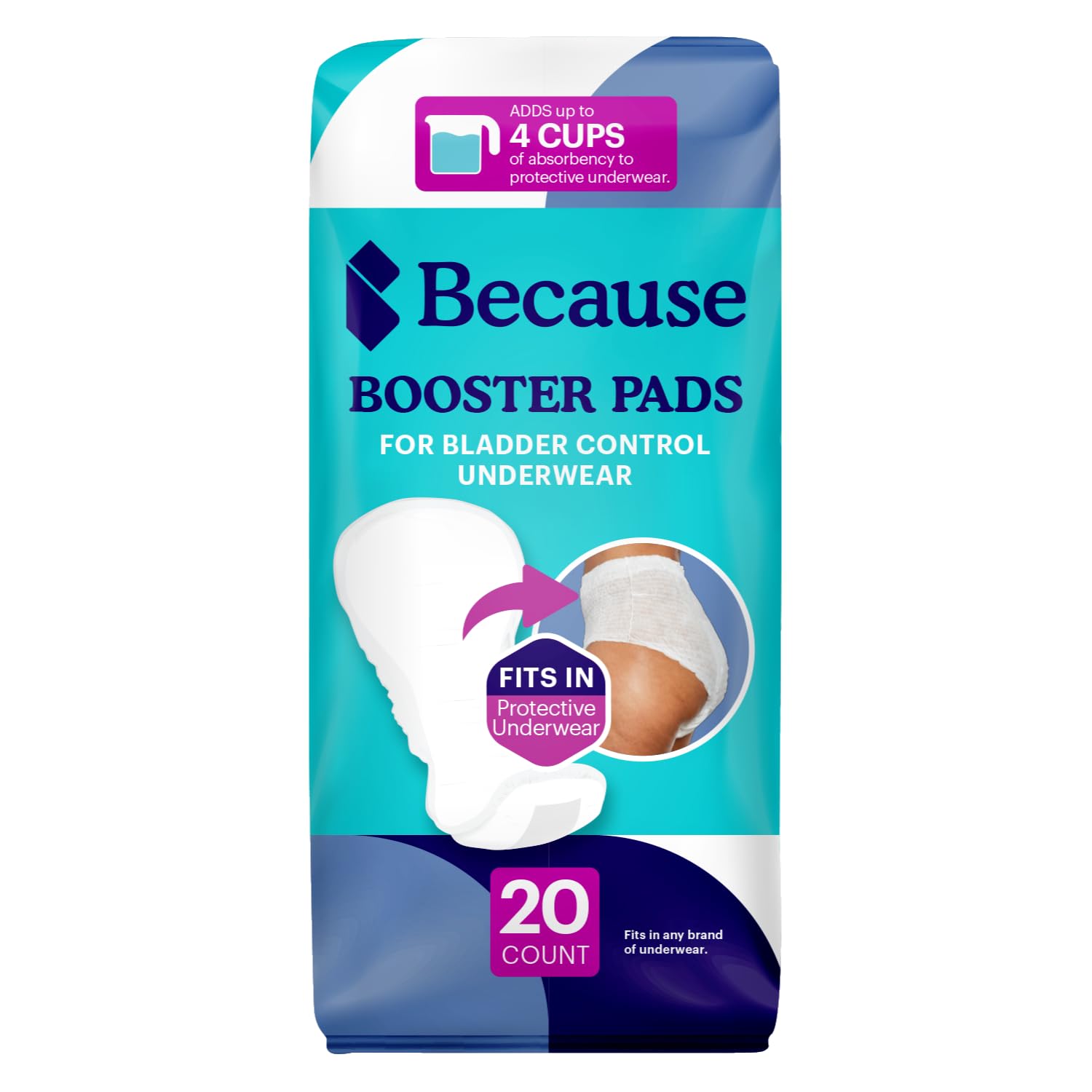 Because Premium Incontinence Booster Pads for Men and Women, Adds Extra Absorbency to Adult Diapers, Super Soft, Adhesive Strip Backing, Unisex, 20 Count