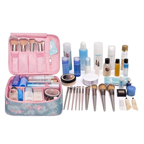 Narwey Travel Makeup Bag with Brush Compartments,Portable Cosmetic Bag,Make up Bag Makeup Organizer Case with Brush Storage for Women (Flamingo)