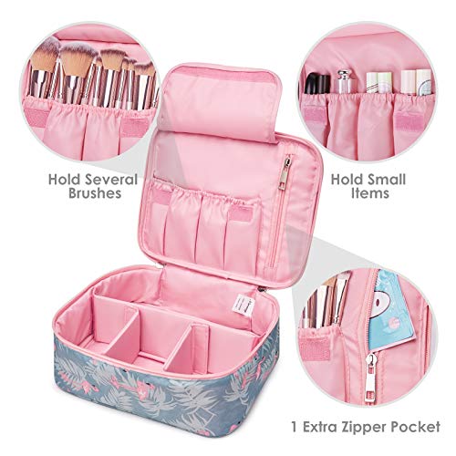 Narwey Travel Makeup Bag with Brush Compartments,Portable Cosmetic Bag,Make up Bag Makeup Organizer Case with Brush Storage for Women (Flamingo)