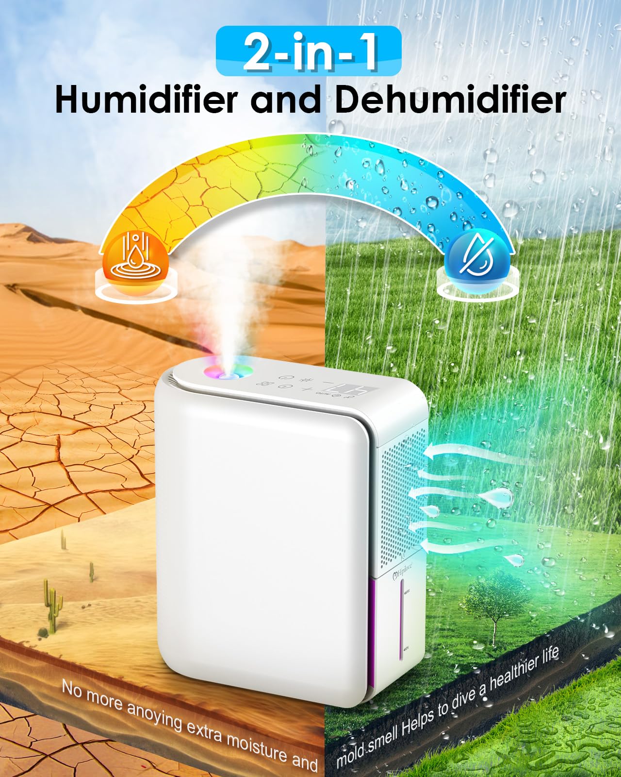 Dehumidifier and Humidifier Combo 2 in 1(350 Sq. Ft)for Bedroom with 7 Color Light, Quiet and Smart 35OZ Ultrasonic Cool Mist, 360°Nozzle Dehumidifier and Humidifiers Combo for Home|Bathroom|Basement