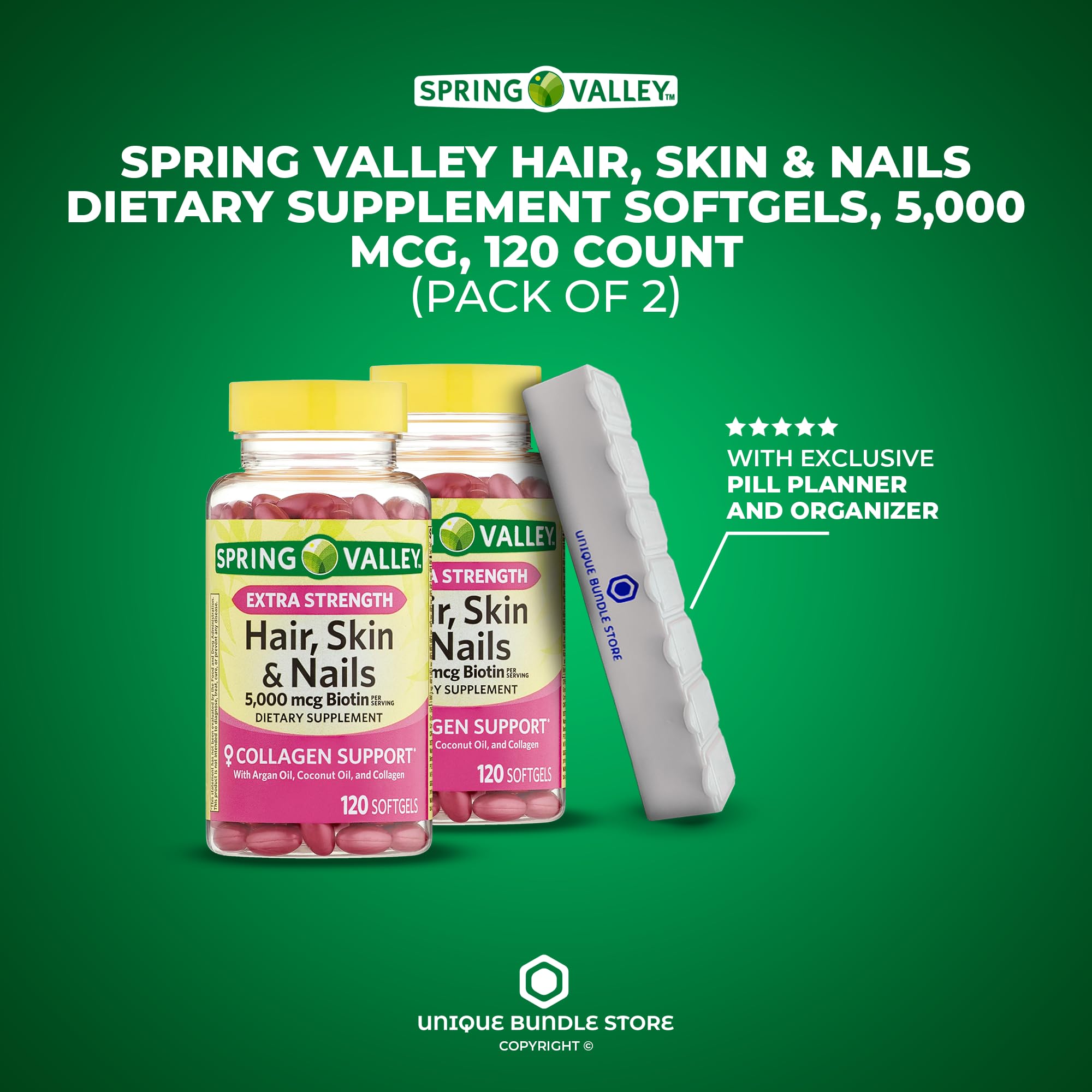 Spring Valley, Hair Skin and Nails Vitamins, Softgels, 5,000 Mcg, 120 Count Dietary, Hair Skin Nails Supplement + 7 Day Pill Organizer Included (Pack of 2)