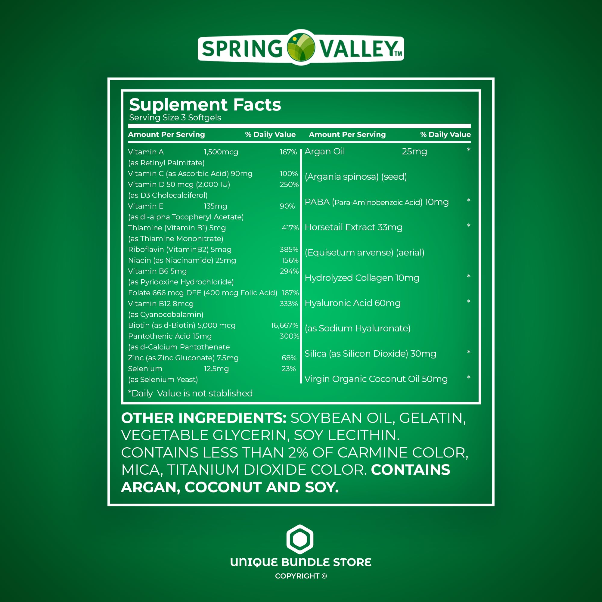 Spring Valley, Hair Skin and Nails Vitamins, Softgels, 5,000 Mcg, 120 Count Dietary, Hair Skin Nails Supplement + 7 Day Pill Organizer Included (Pack of 2)