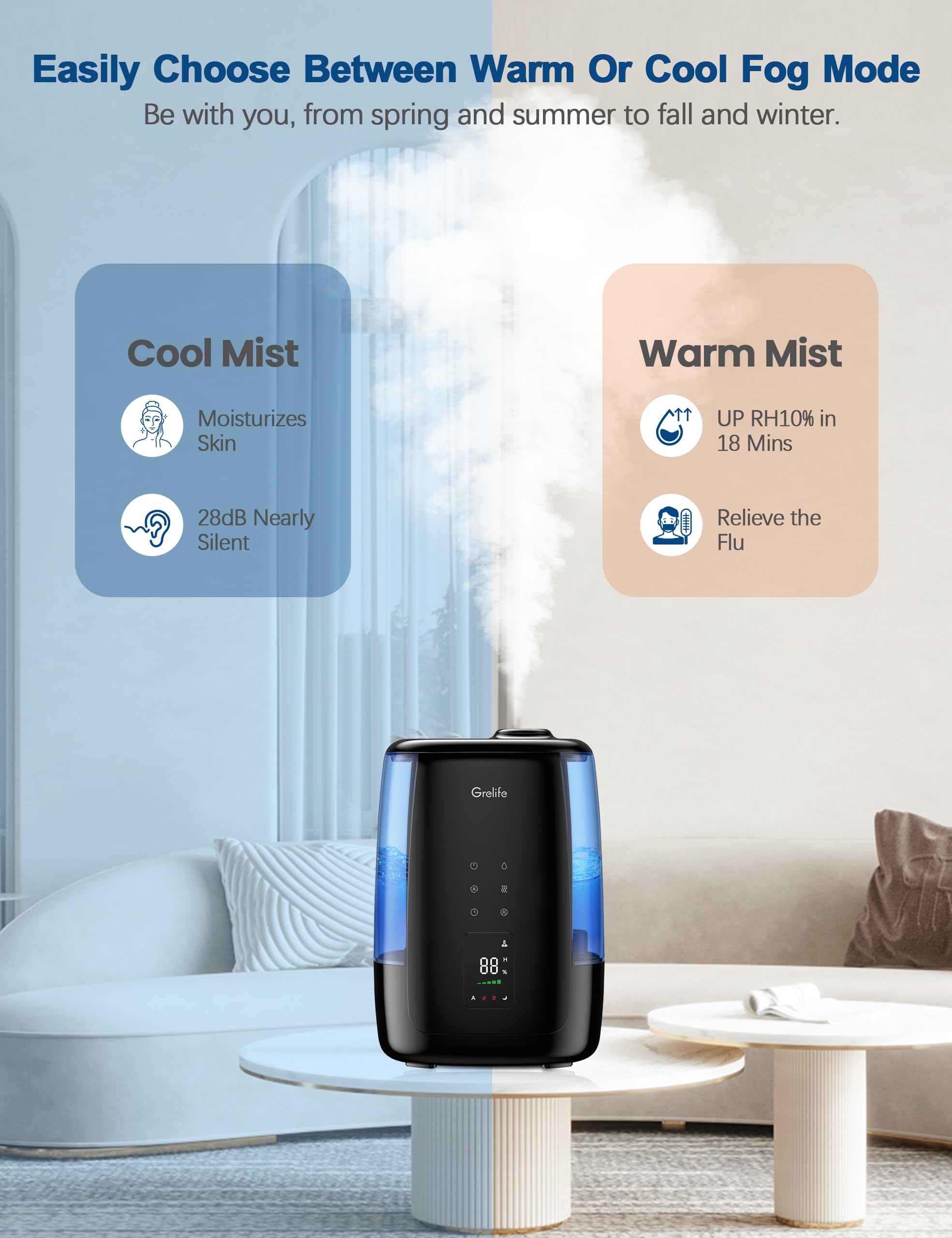 Humidifiers for Bedroom,Grelife 5L Ultrasonic Warm and Cool Mist Top Fill Air Vaporizer,Auto Shut-Off,Easy to Clean&Quiet Sleep Mode,Automatic Smart Diffuser for Large Room,Baby Nursery,Plant, Black