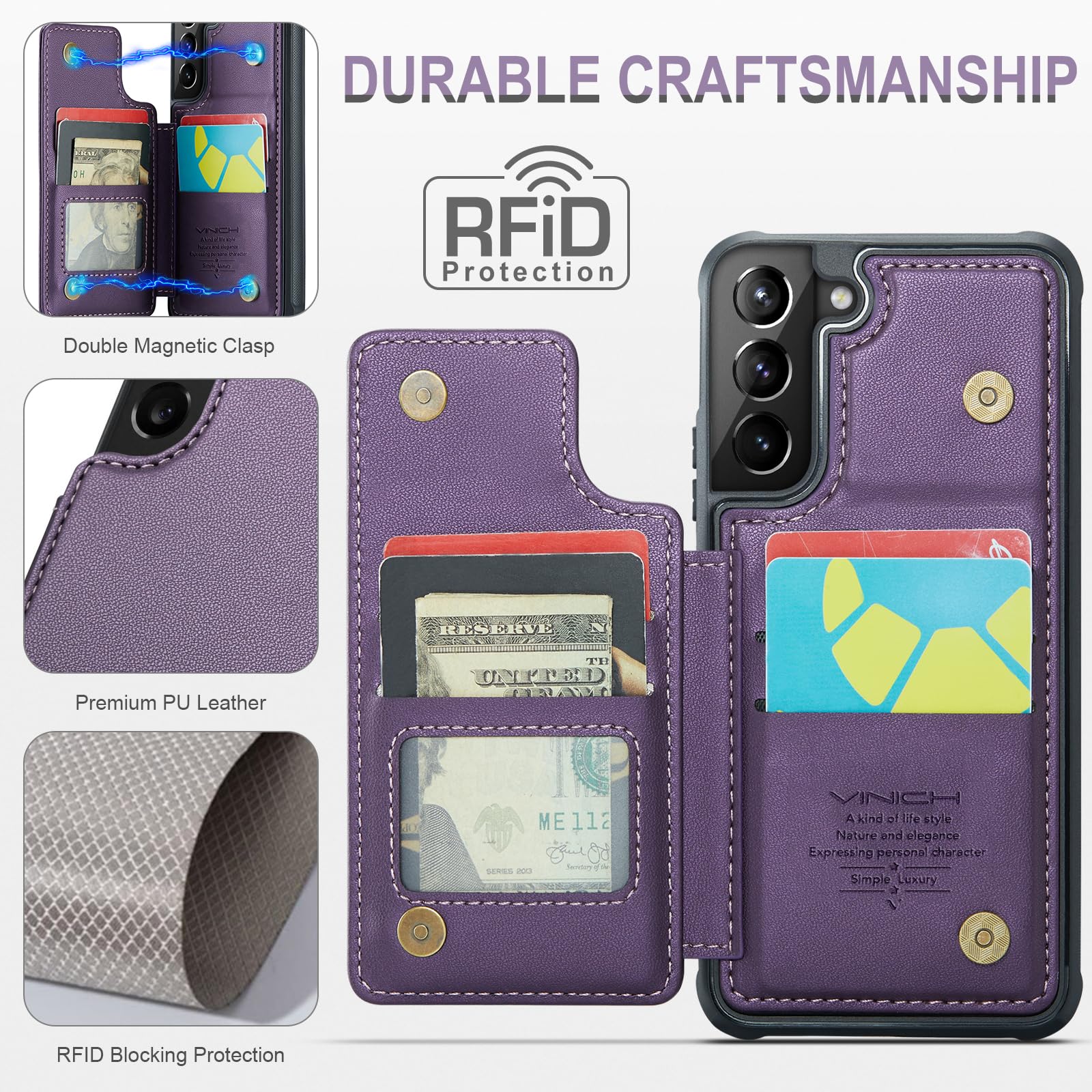 Vinich for Samsung Galaxy S21 Case with Card Holder, for Samsung S21 Wallet Case for Women Men with RFID Blocking, Durable Kickstand Shockproof Phone Case for Galaxy S21 5G, Purple