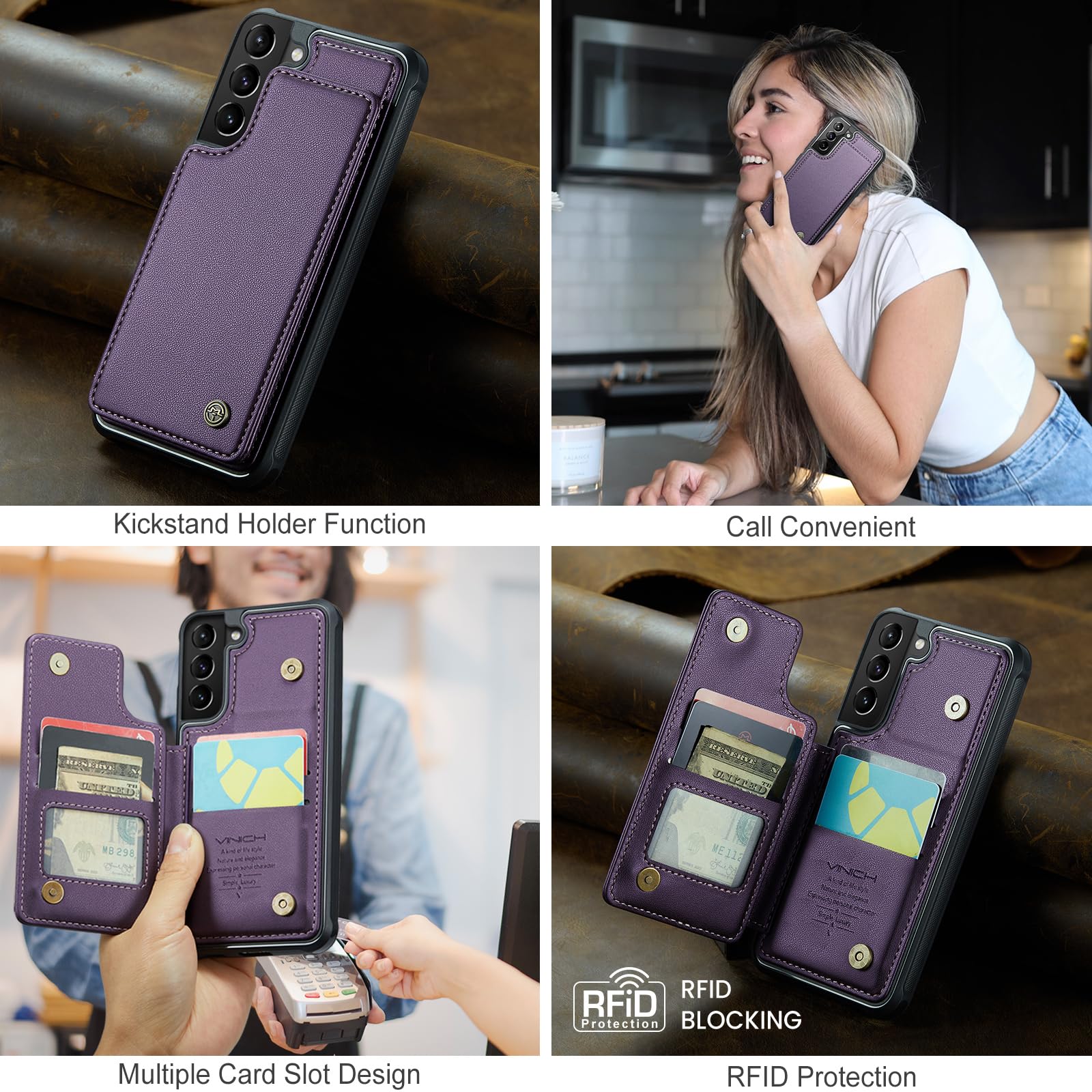 Vinich for Samsung Galaxy S21 Case with Card Holder, for Samsung S21 Wallet Case for Women Men with RFID Blocking, Durable Kickstand Shockproof Phone Case for Galaxy S21 5G, Purple