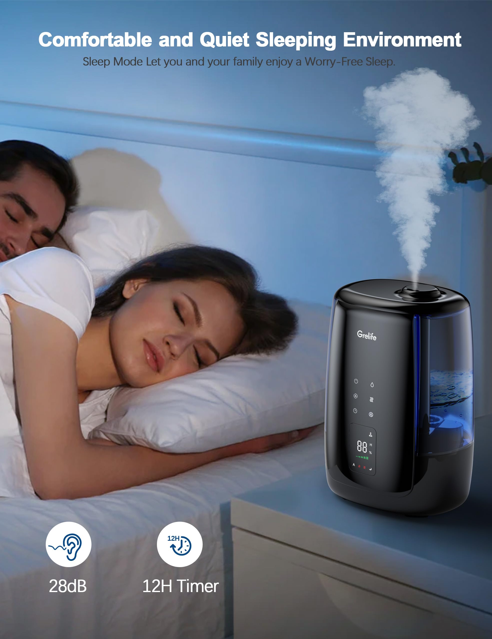 Humidifiers for Bedroom,Grelife 5L Ultrasonic Warm and Cool Mist Top Fill Air Vaporizer,Auto Shut-Off,Easy to Clean&Quiet Sleep Mode,Automatic Smart Diffuser for Large Room,Baby Nursery,Plant, Black