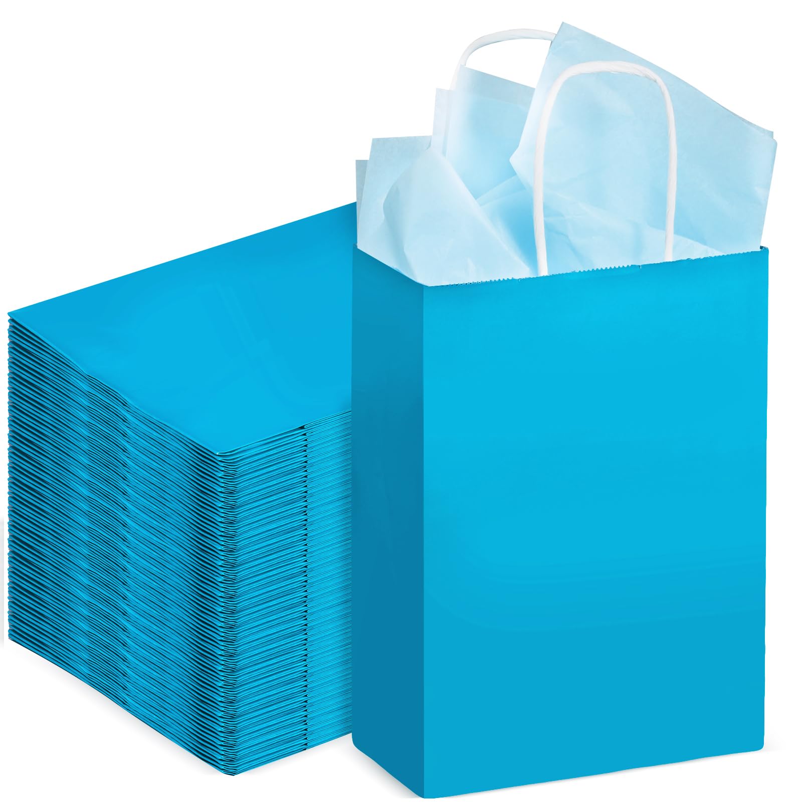 Kosiz 100 Pcs Small Gift Bags with Handles Bulk Include 50 Pcs Paper Bags and 50 Pcs Tissue Papers for Christmas Holiday Birthday Baby Shower Wedding Party Supplies Gifts(Blue)