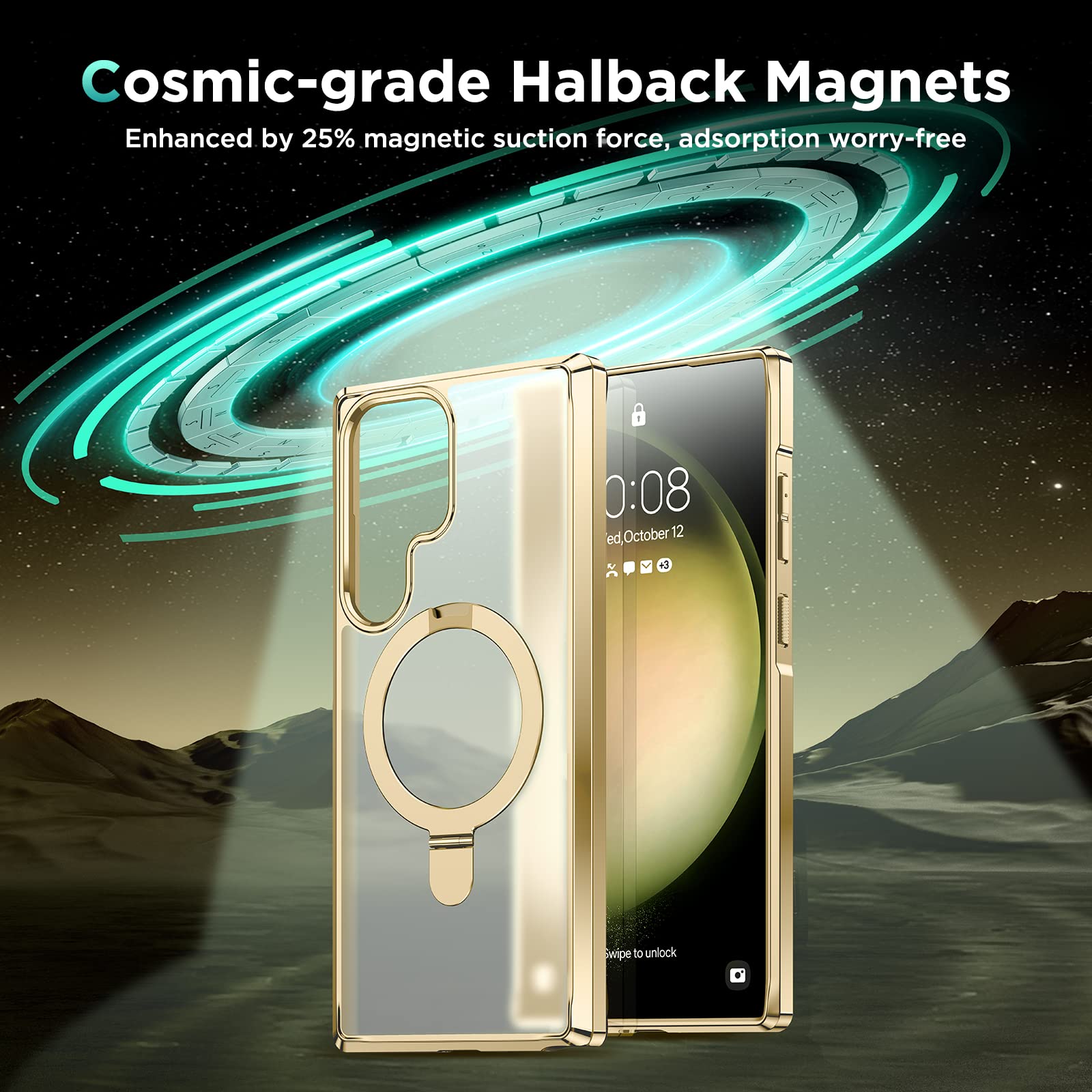 Juntone for Samsung Galaxy S23 Ultra Case with Magnetic Stand,[Compatible with Magsafe][Non-Yellowing], Slim Protective Matte Back and Green Edge Phone Case for Galaxy S23 Ultra Case 6.8 Inch-Gold