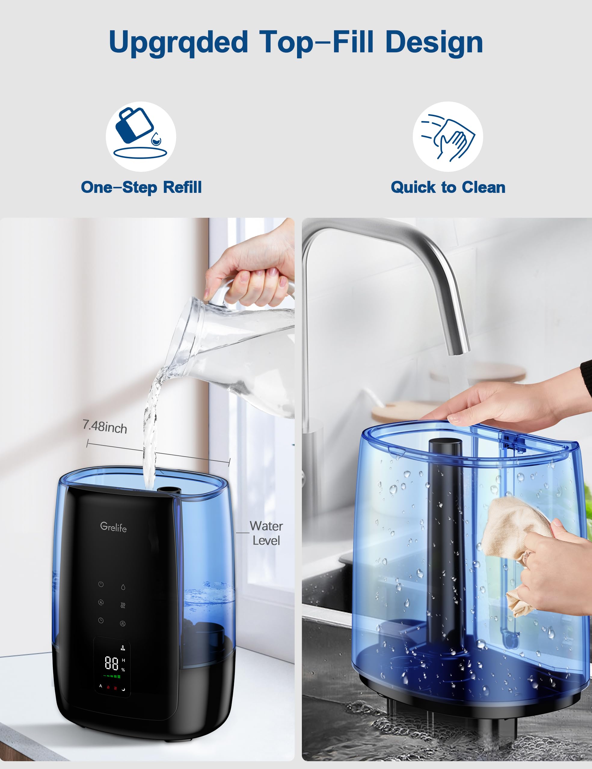 Humidifiers for Bedroom,Grelife 5L Ultrasonic Warm and Cool Mist Top Fill Air Vaporizer,Auto Shut-Off,Easy to Clean&Quiet Sleep Mode,Automatic Smart Diffuser for Large Room,Baby Nursery,Plant, Black