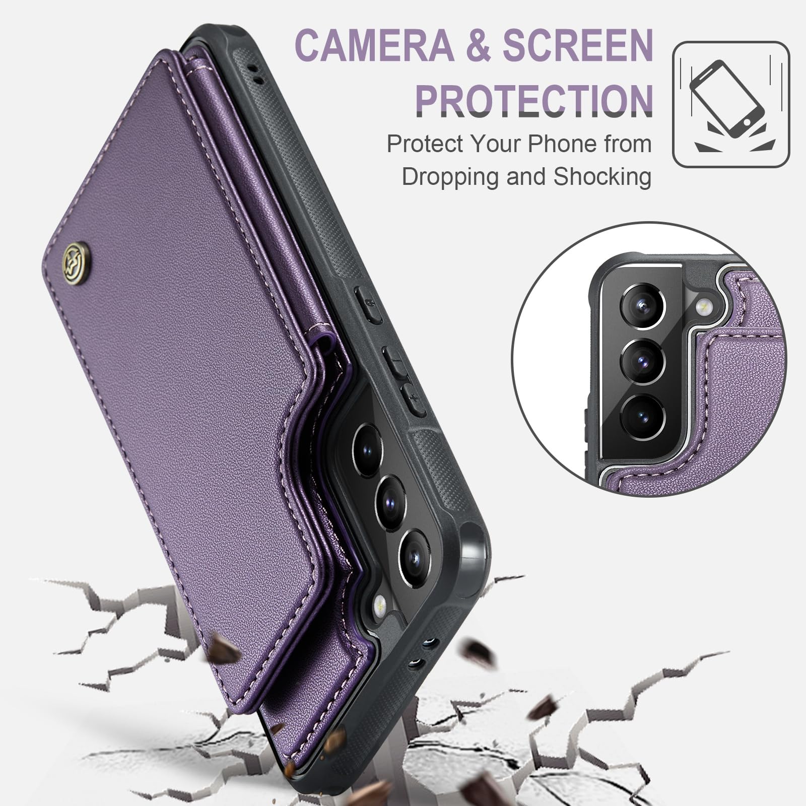 Vinich for Samsung Galaxy S21 Case with Card Holder, for Samsung S21 Wallet Case for Women Men with RFID Blocking, Durable Kickstand Shockproof Phone Case for Galaxy S21 5G, Purple