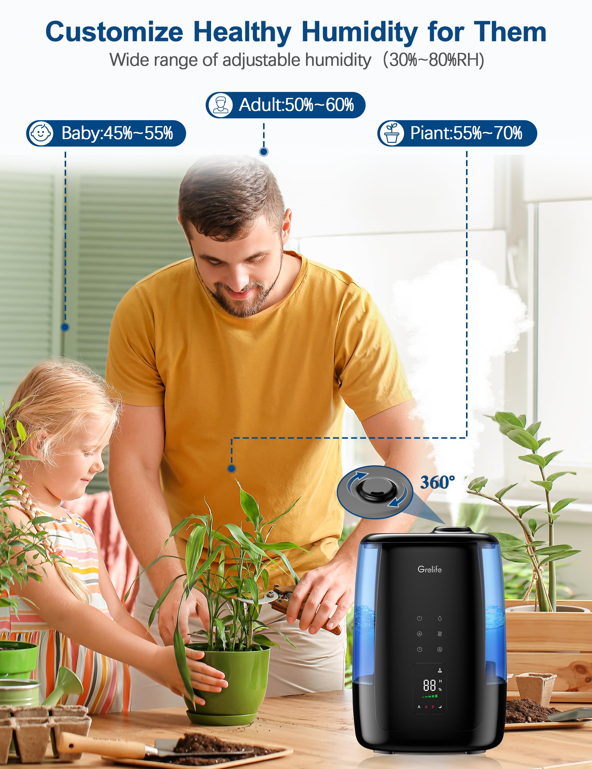 Humidifiers for Bedroom,Grelife 5L Ultrasonic Warm and Cool Mist Top Fill Air Vaporizer,Auto Shut-Off,Easy to Clean&Quiet Sleep Mode,Automatic Smart Diffuser for Large Room,Baby Nursery,Plant, Black