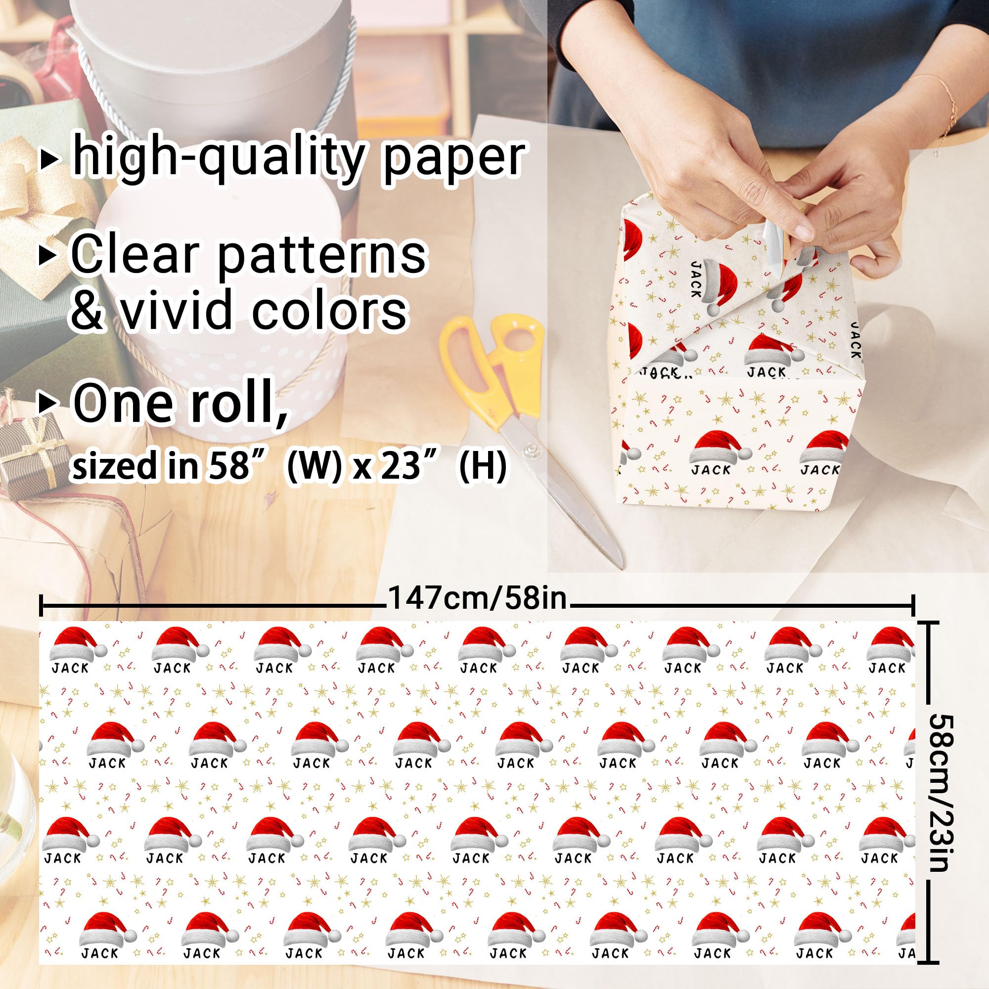YESCUSTOM Personalized Name Wrapping Paper, 58"x23" Custom Christmas Wrapping Paper Rolls with Santa Hat candy cane, Christmas Gift Wrap for Him Her Boys Girls Mom Dad