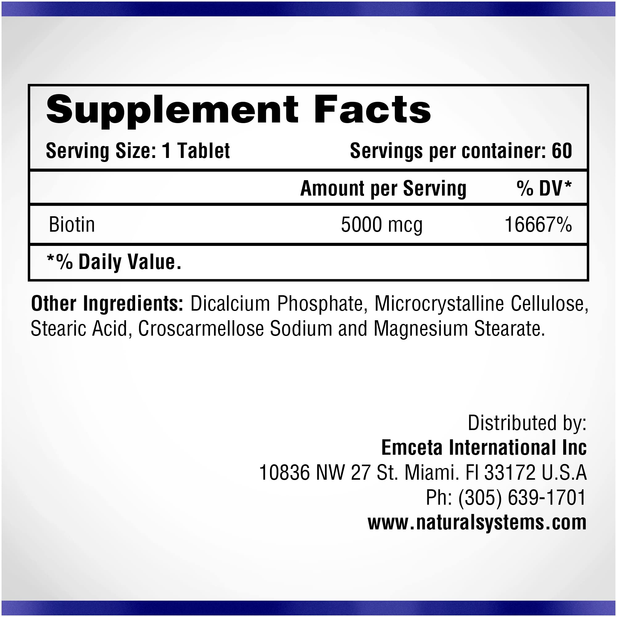 Biotin 60 Tablets 5000 mcg by Natural Systems | Biotin Hair Growth Support Pills | Hair Skin Nails Vitamins for Men and Women | Biotin Supplement Improves Cell Growth
