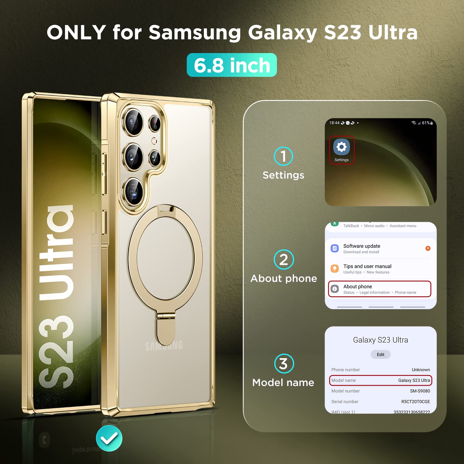 Juntone for Samsung Galaxy S23 Ultra Case with Magnetic Stand,[Compatible with Magsafe][Non-Yellowing], Slim Protective Matte Back and Green Edge Phone Case for Galaxy S23 Ultra Case 6.8 Inch-Gold