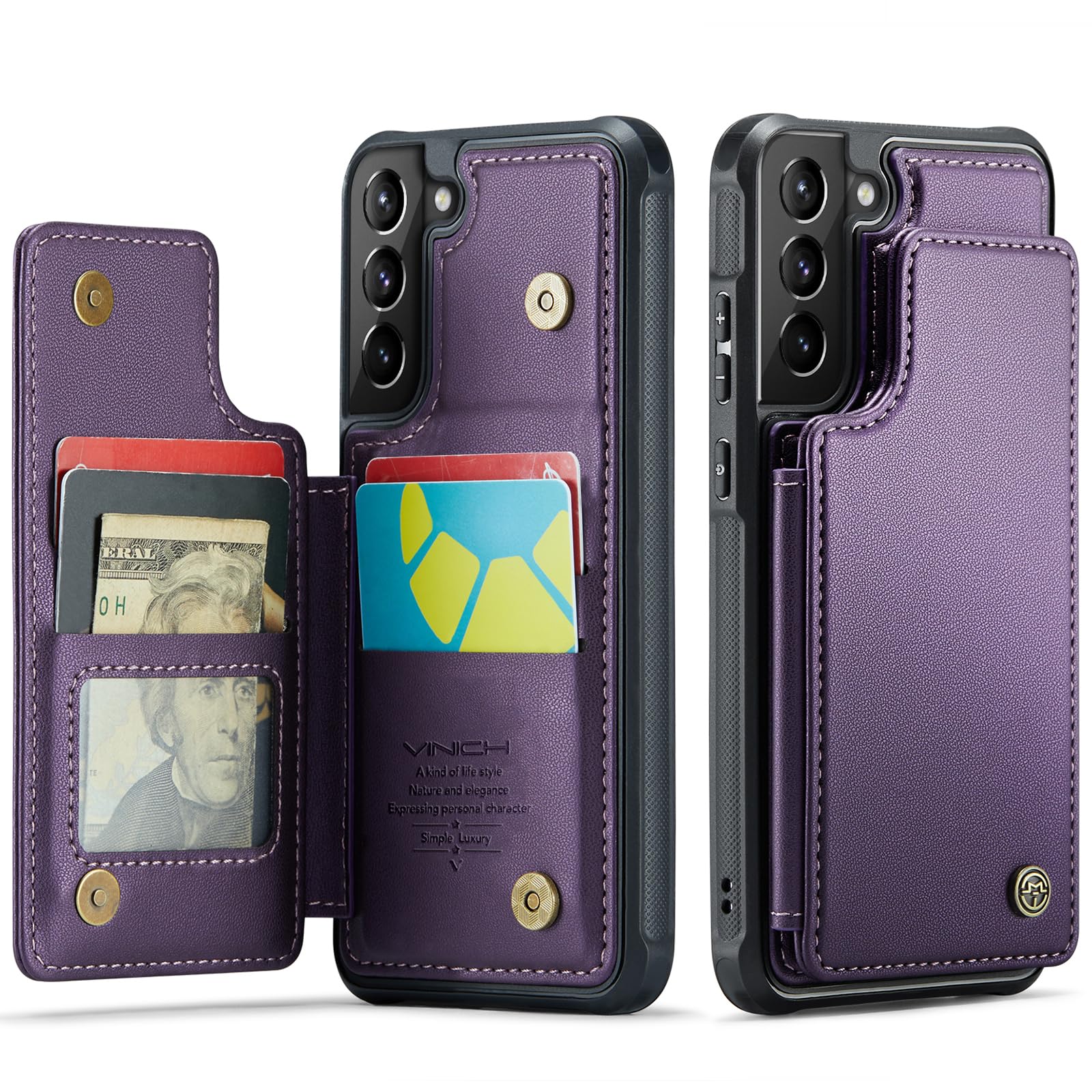 Vinich for Samsung Galaxy S21 Case with Card Holder, for Samsung S21 Wallet Case for Women Men with RFID Blocking, Durable Kickstand Shockproof Phone Case for Galaxy S21 5G, Purple