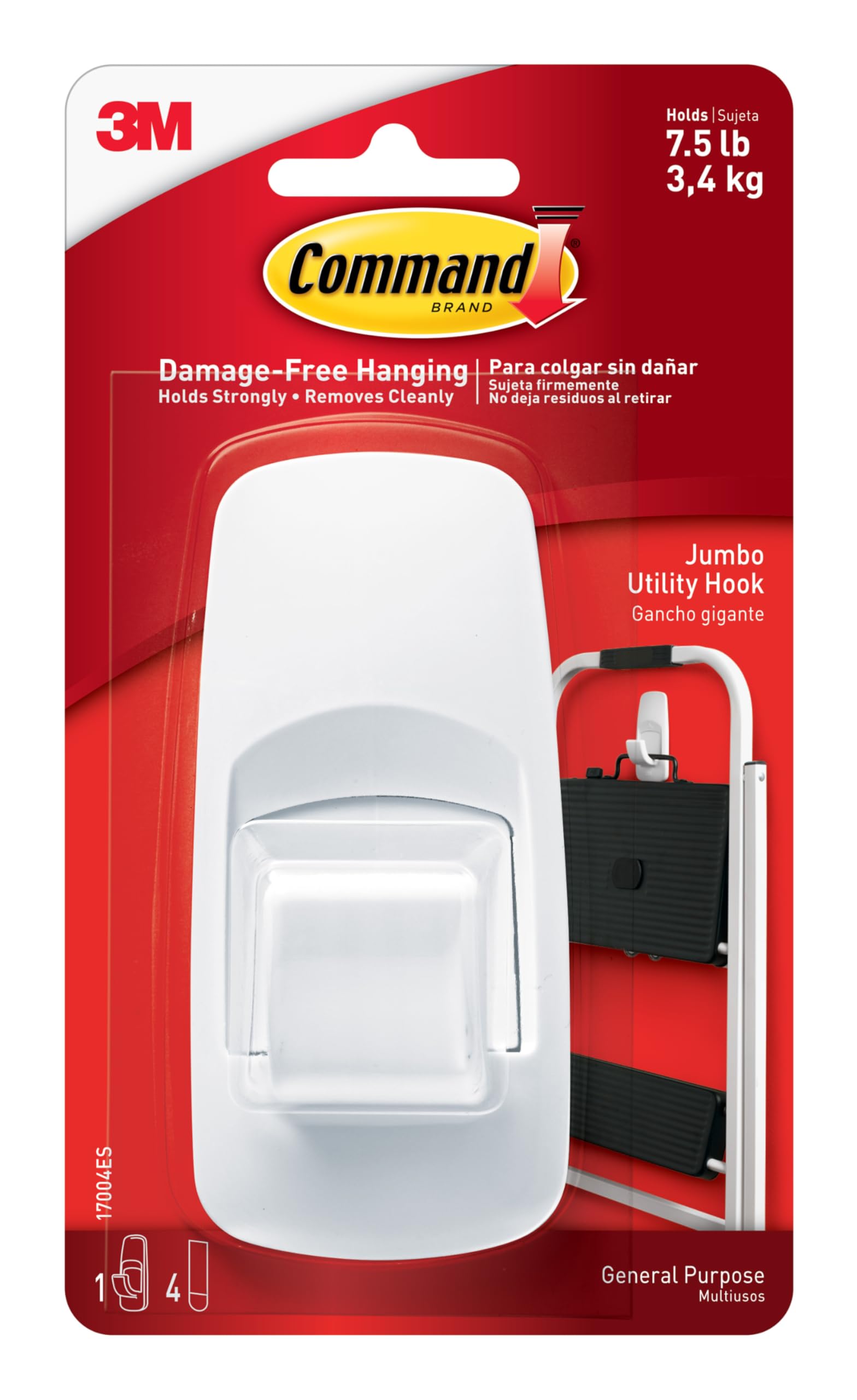 Command Jumbo Utility Hooks, Damage Free Hanging Wall Hooks with Adhesive Strips, No Tools Wall Hooks for Hanging Decorations in Living Spaces, 1 White Hook and 4 Command Strips