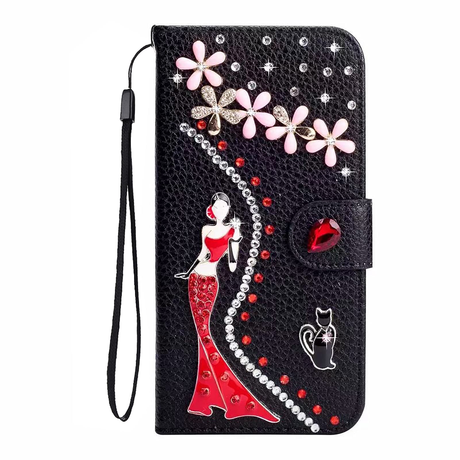 Girlyard Case for Samsung Galaxy A32 5G, Bling Glitter Rhinestone Premium PU Leather Wallet Case with Card Holder Flip Magnetic Kickstand Shockproof Protective Cover - Black, Beauty in Red Dress