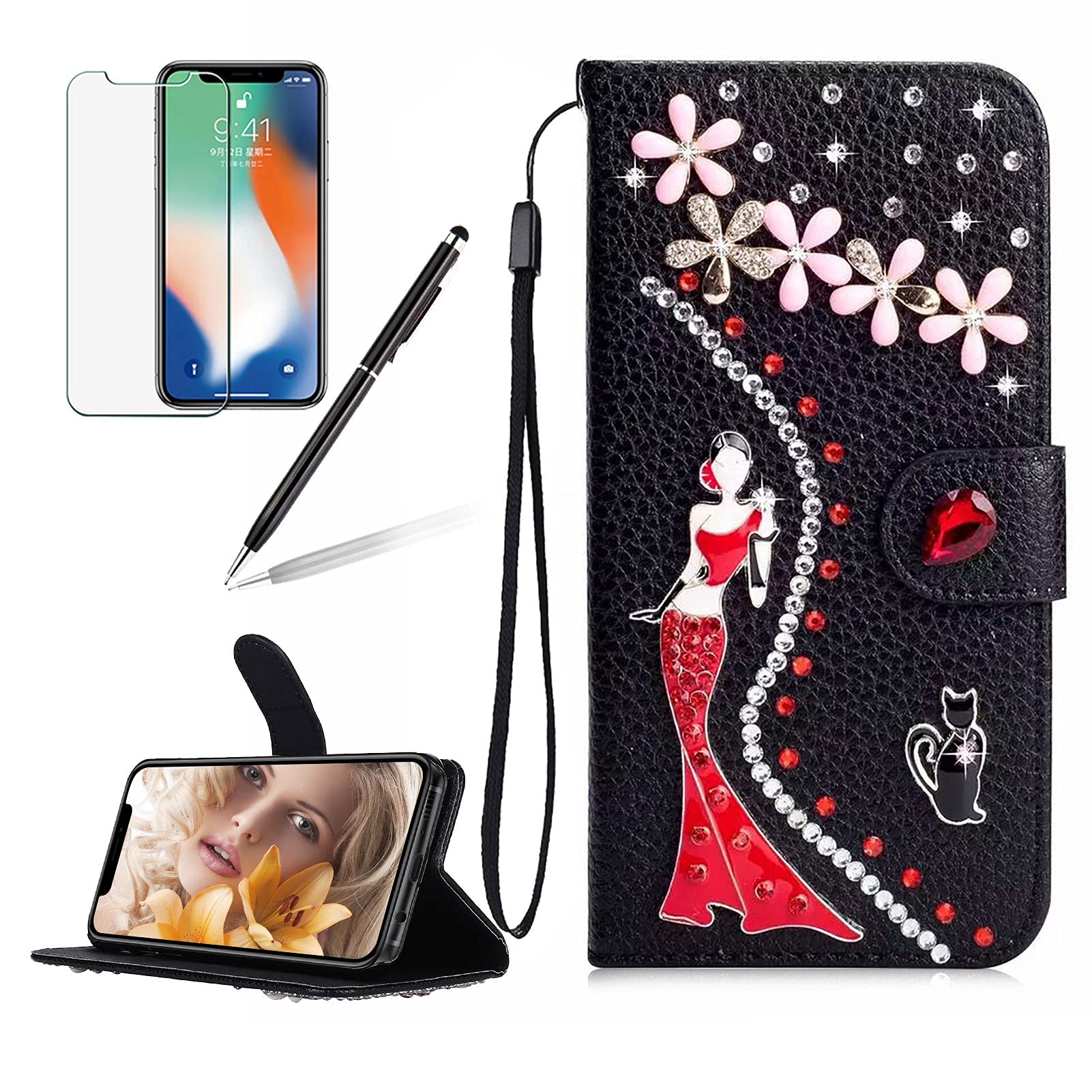 Girlyard Case for Samsung Galaxy A32 5G, Bling Glitter Rhinestone Premium PU Leather Wallet Case with Card Holder Flip Magnetic Kickstand Shockproof Protective Cover - Black, Beauty in Red Dress