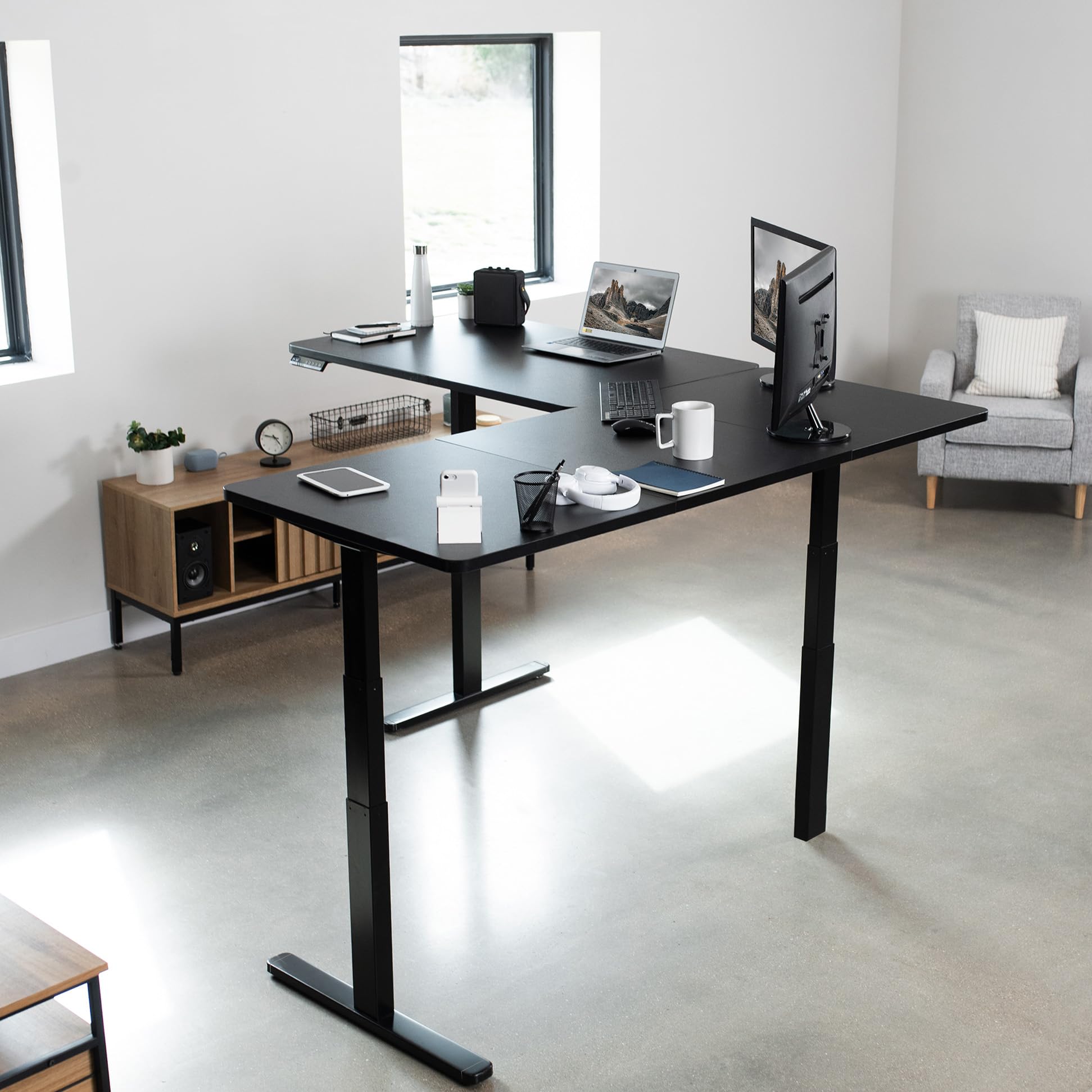 VIVO Electric Height Adjustable 77 x 71 inch Corner Stand Up Desk, 2 Black 30 inch Deep Table Tops, Black Frame, Memory Controller, L-Shaped Standing Workstation, DESK-KIT-3E7B