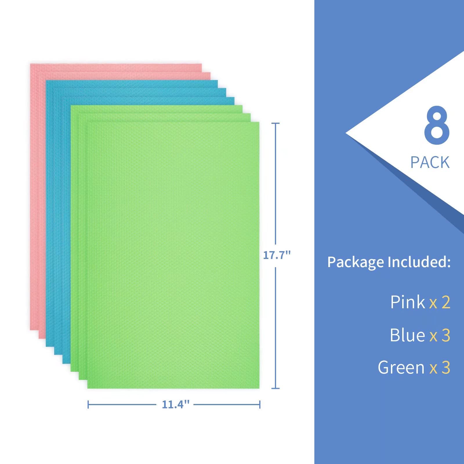 Elyum 8 Pcs Refrigerator Liners, Washable EVA Refrigerator Mats Fridge Shelf Liners Cuttable Fridge Mats Pads for Drawer Table Shelves Cabinet (3 Blue 3 Green 2 Pink, 17.7 x 11.4 Inch)