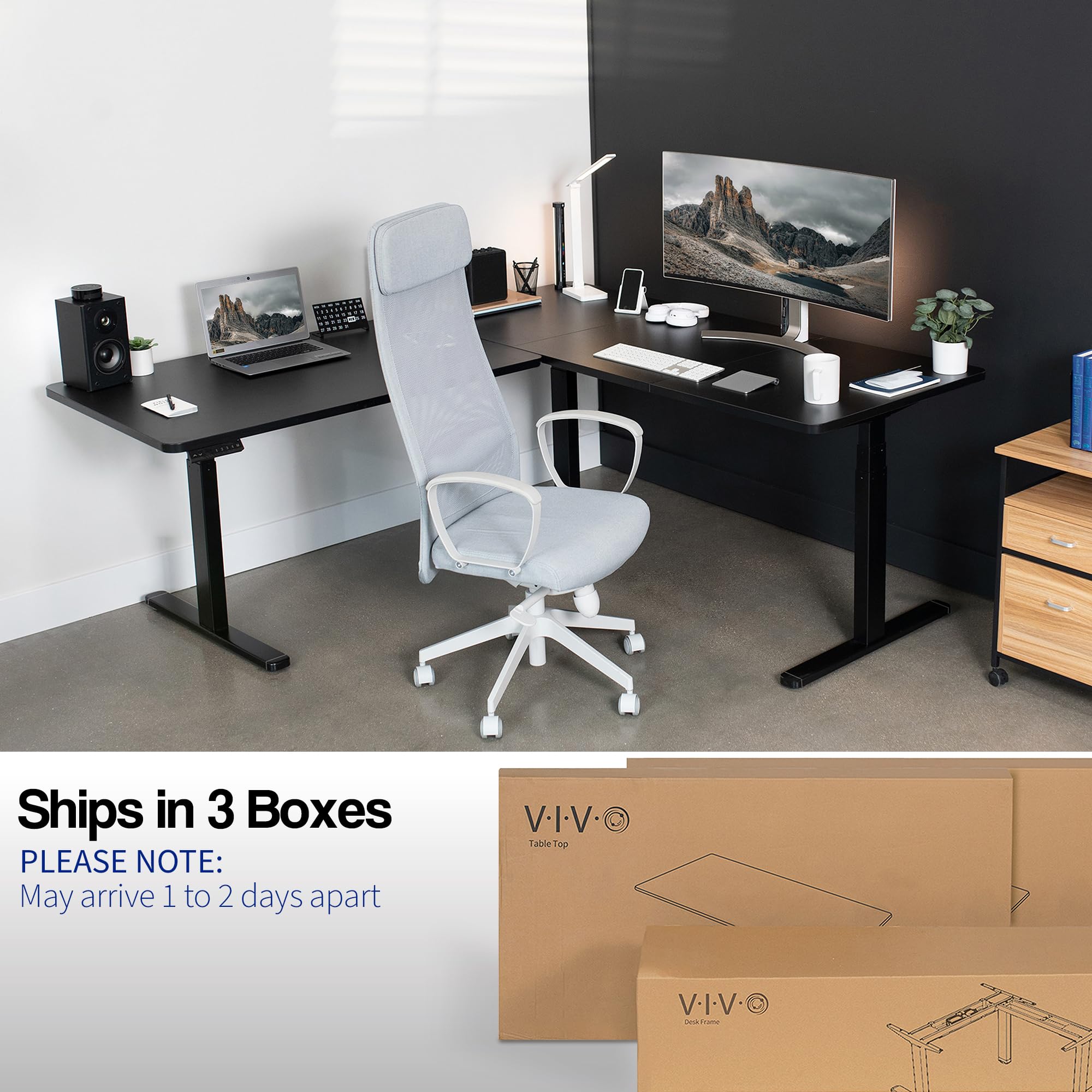 VIVO Electric Height Adjustable 77 x 71 inch Corner Stand Up Desk, 2 Black 30 inch Deep Table Tops, Black Frame, Memory Controller, L-Shaped Standing Workstation, DESK-KIT-3E7B