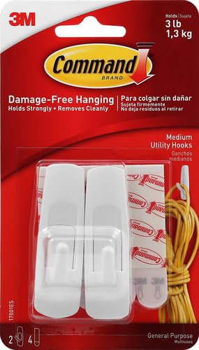 Command Medium Utility Hooks, Damage Free Hanging Wall Hooks with Adhesive Strips, No Tools Wall Hooks for Hanging Christmas Organizers, 2 White Hooks and 4 Command Strips