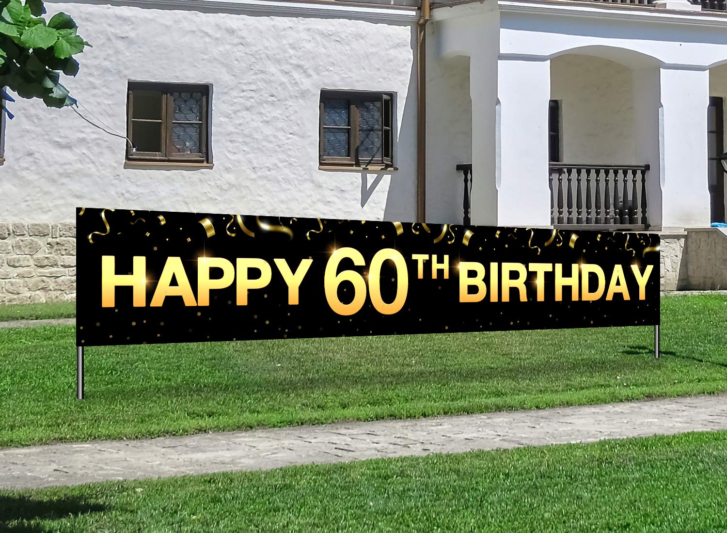 Greatingreat Large Cheers to 60 Years Banner, Black Gold 60 Anniversary Party Sign, 60th Happy Birthday Banner(9.8feet X 1.6feet)