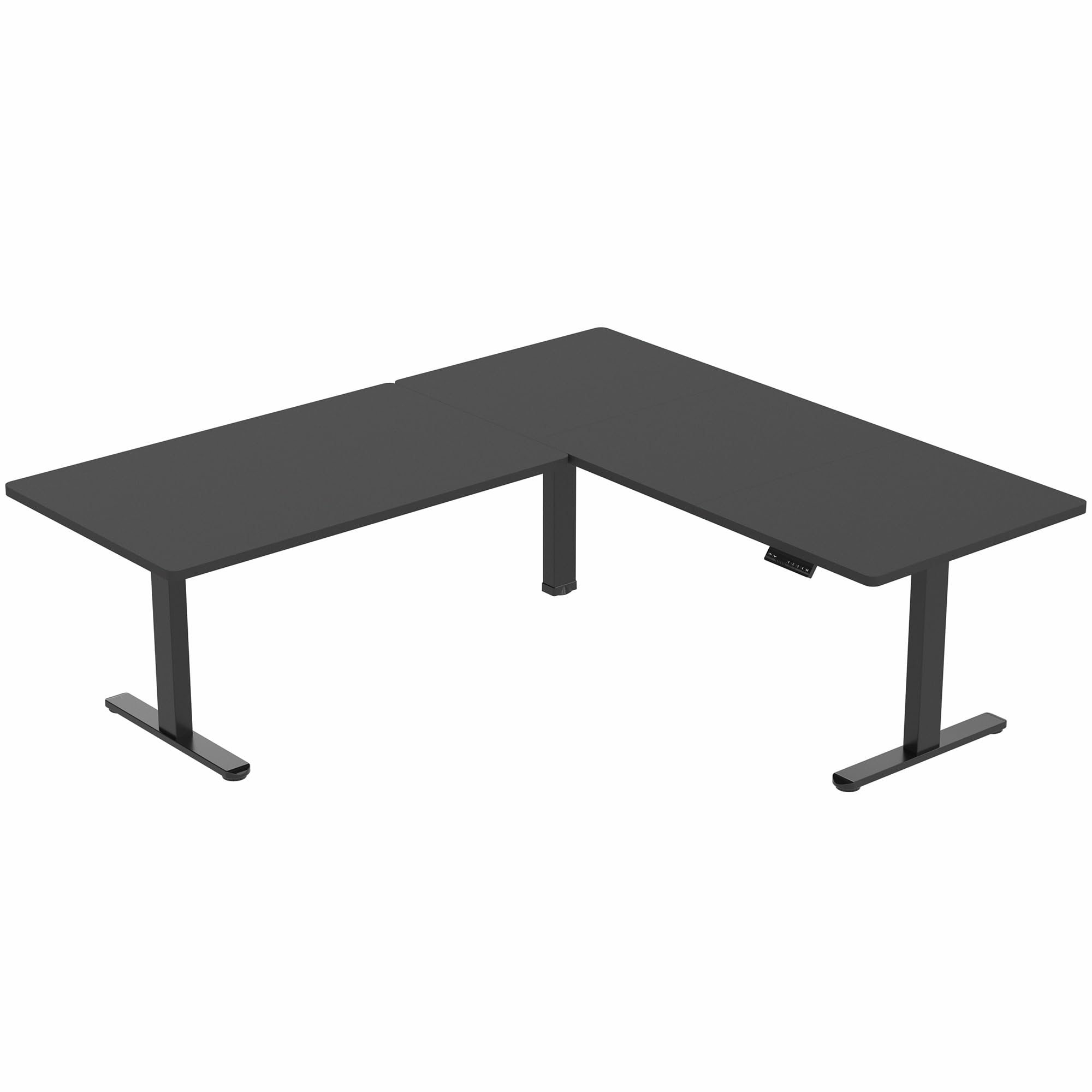 VIVO Electric Height Adjustable 77 x 71 inch Corner Stand Up Desk, 2 Black 30 inch Deep Table Tops, Black Frame, Memory Controller, L-Shaped Standing Workstation, DESK-KIT-3E7B