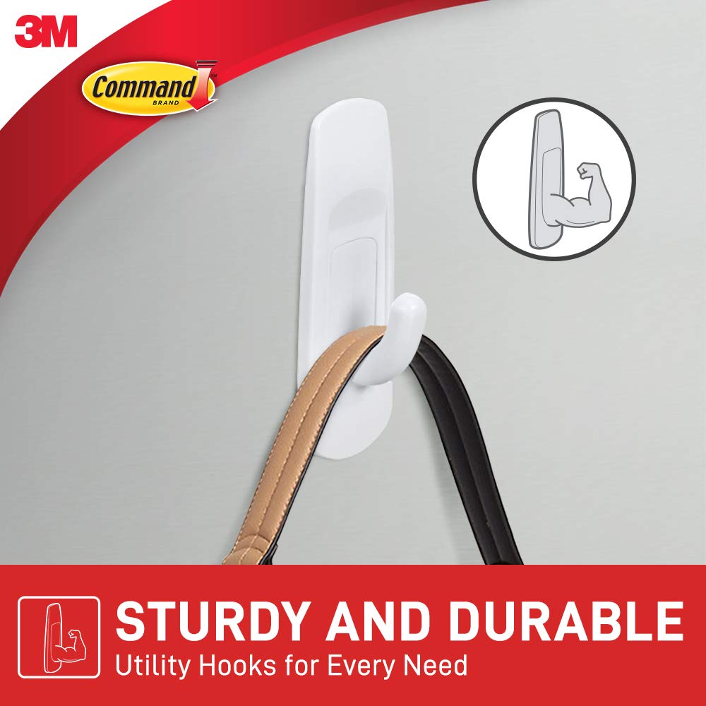 Command Medium Utility Hooks, Damage Free Hanging Wall Hooks with Adhesive Strips, No Tools Wall Hooks for Hanging Christmas Organizers, 2 White Hooks and 4 Command Strips