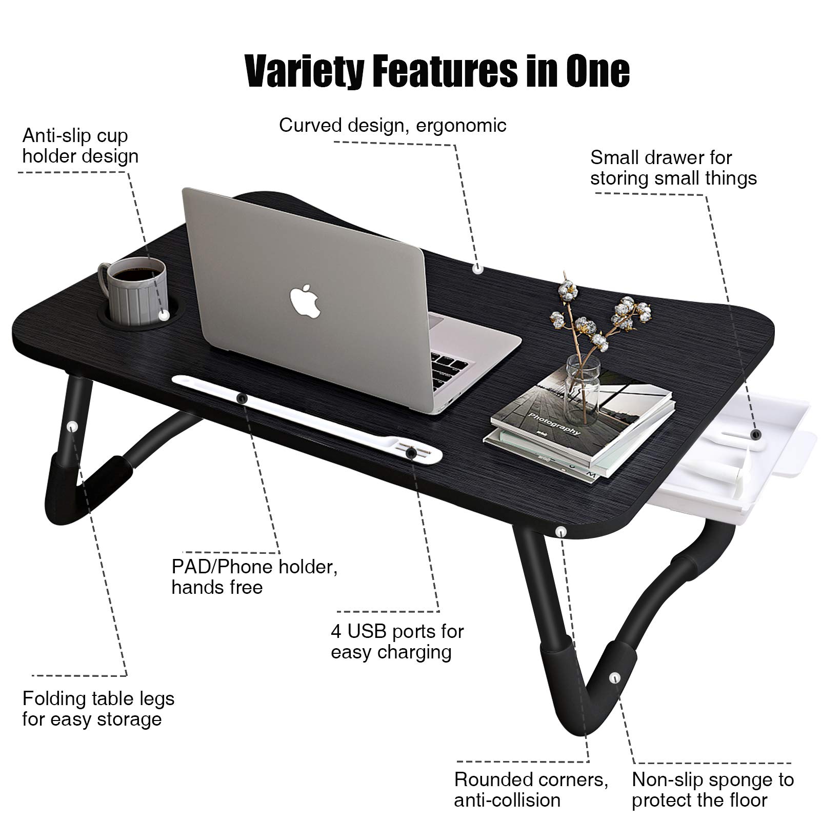 Laptop Bed Desk,Portable Foldable Laptop Lap Desk Tray Table with USB Charge Port/Cup Holder/Storage Drawer,for Bed/Couch/Sofa Working, Reading