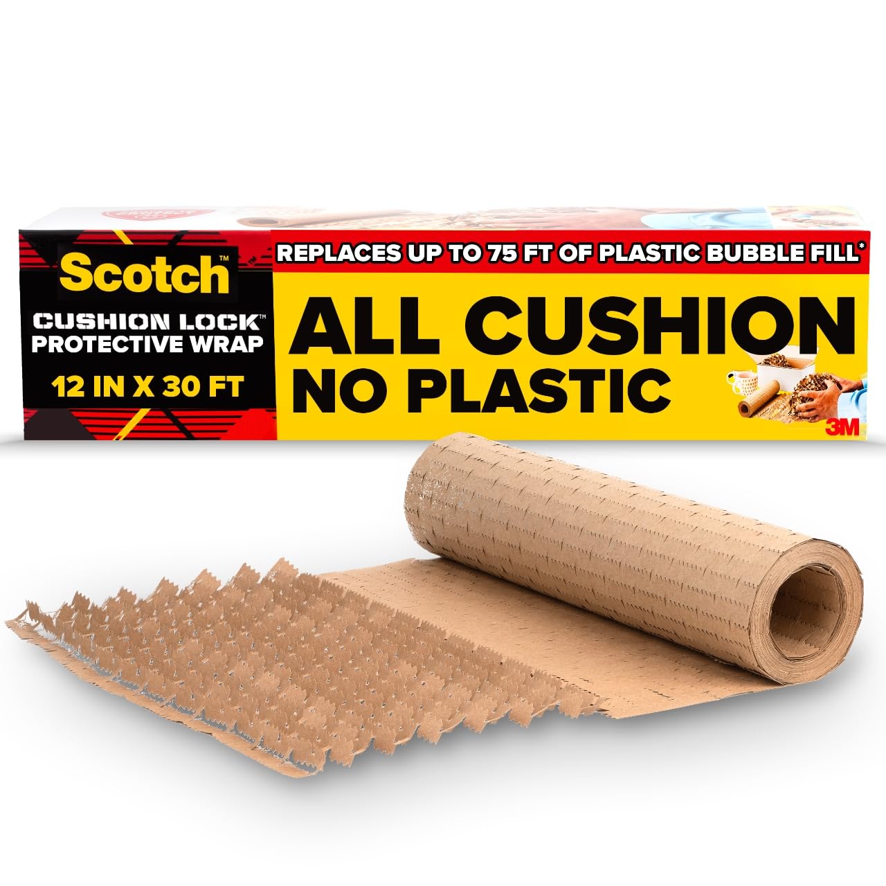 Scotch Cushion Lock Protective Wrap, 12 in x 30 ft, Sustainable Packaging Solution for Packing, Shipping and Moving, No Scissors or Tape Needed, Great Alternative to Bubble Cushion Wrap (PCW-1230)