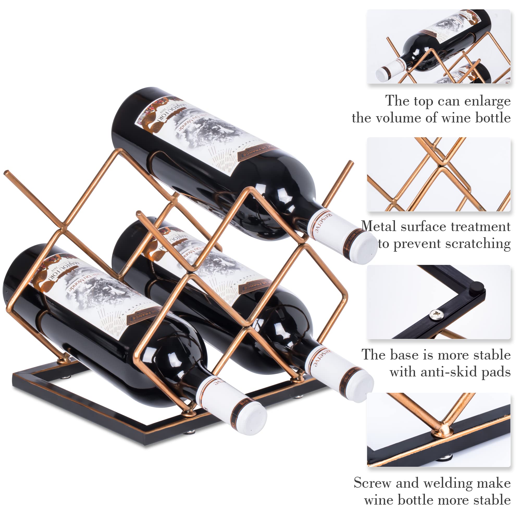 LEYON Tabletop Wine Rack 5 Bottles Wine Bottle Holder Countertop Wine Storage Rack Metal Wine Bottles Organizer Home Decorations for Kitchen Bar Cabinet (5 Bottles, Retro Gold)