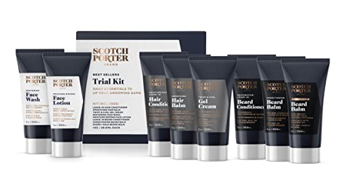 Scotch Porter Men’s Collection Trial Kit | Includes 8 - 1 oz Bottles of Face Wash & Lotion, Hair Balm, Conditioner, Hair Gel Cream, Beard Conditioner, Beard Balm, and Beard Balm Shape + Hold