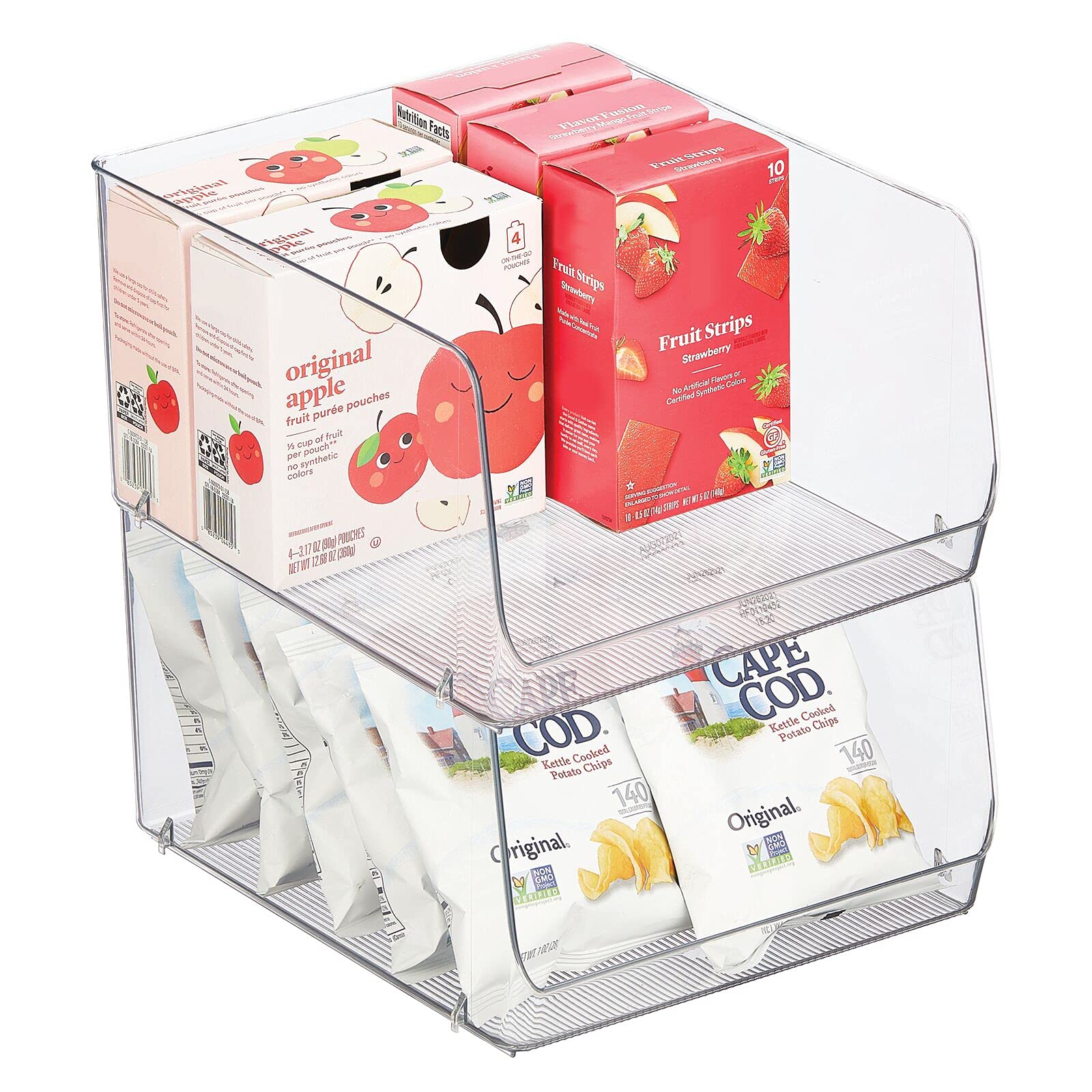 mDesign Wide Stackable Plastic Food Storage Organizer Bin Basket with Open Front for Household Kitchen Cabinets, Pantry, Offices, Closets, Bedrooms, Bathrooms - 10.2" Wide, 2 Pack - Clear