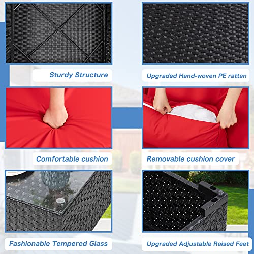 Shintenchi 5 Pieces Outdoor Patio Sectional Sofa Couch, Black PE Wicker Furniture Sets, Patio Conversation Sets with Washable Cushions Glass Coffee Table for Garden, Poolside, Backyard,Red