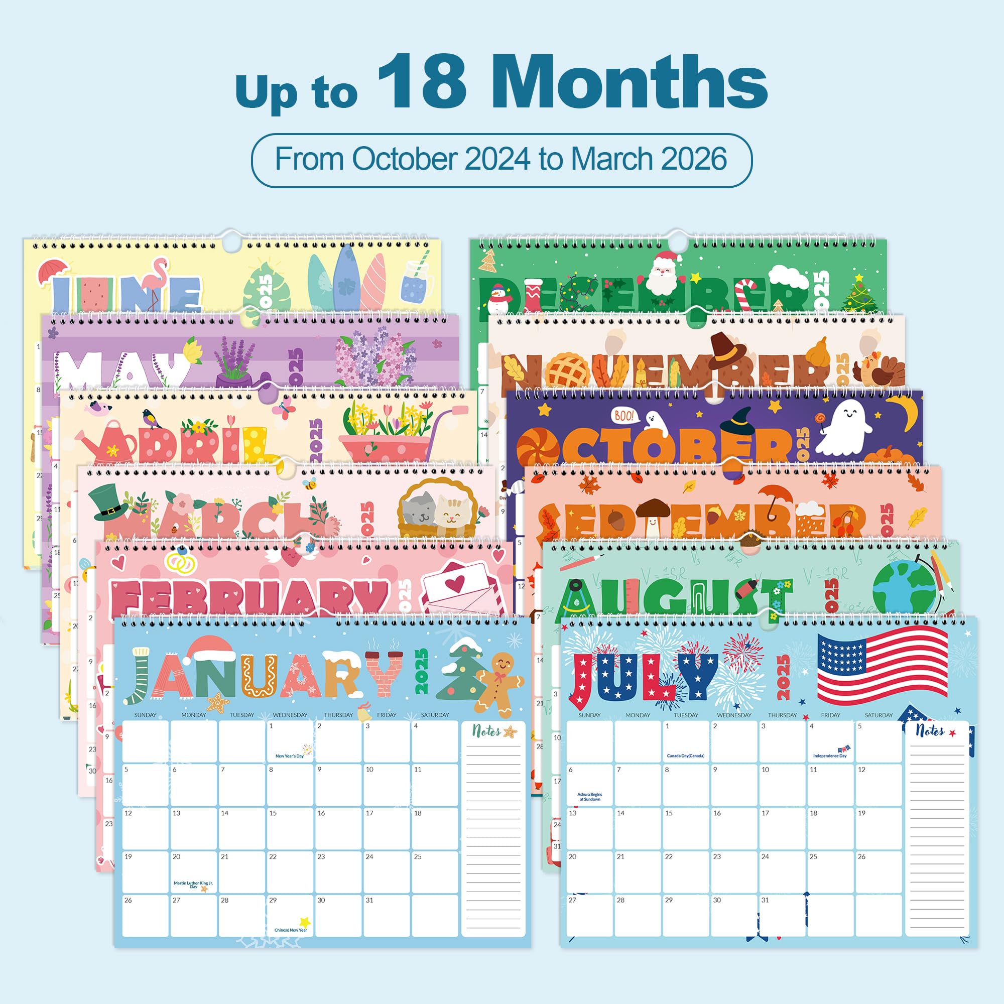 SUNEE Calendar 2024-2025- 18 Months Wall Calendar Oct. 2024 - Mar. 2026, 14.5"x11.5" Big Grid Hanging Calendar with Note for Organizing & Planning, Cute