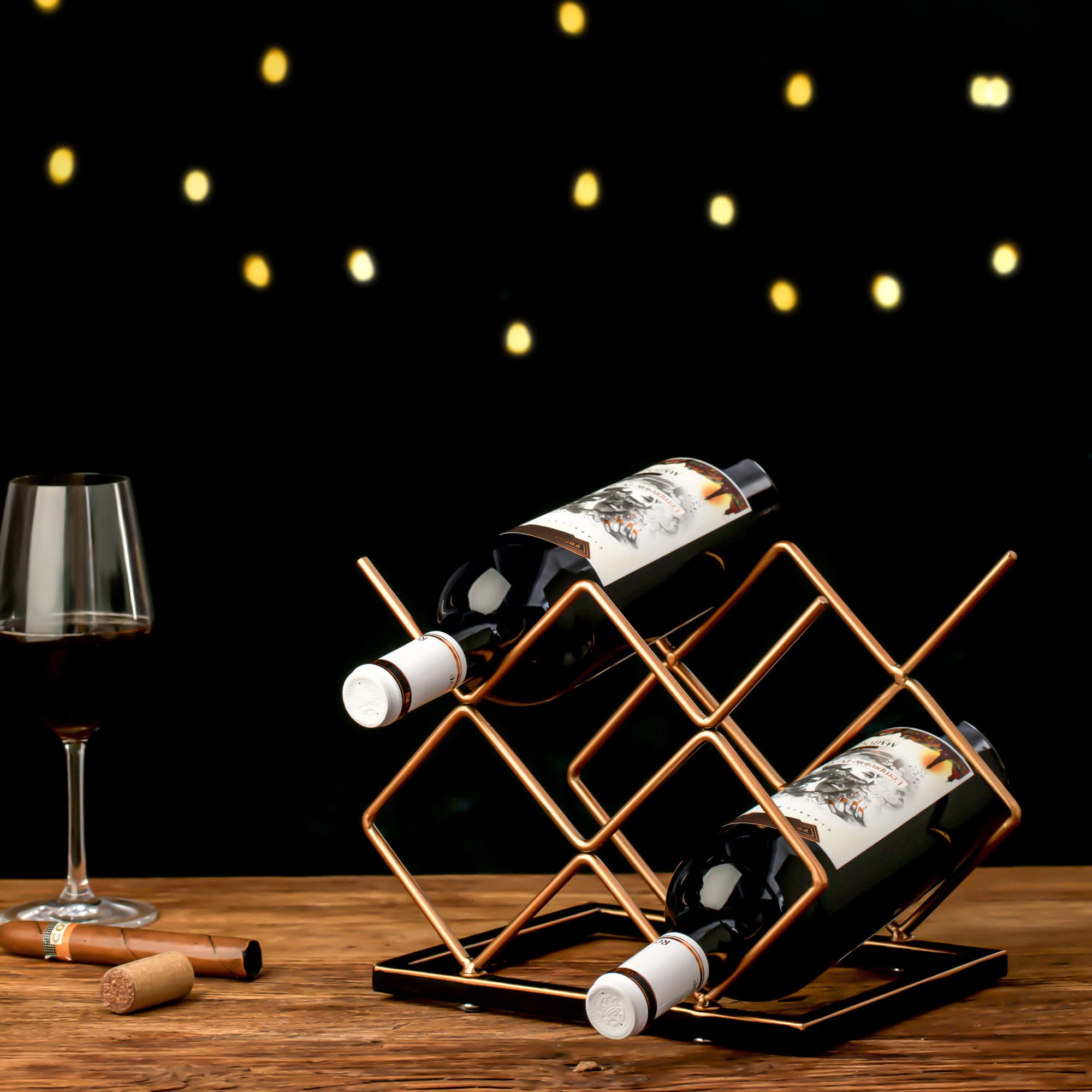 LEYON Tabletop Wine Rack 5 Bottles Wine Bottle Holder Countertop Wine Storage Rack Metal Wine Bottles Organizer Home Decorations for Kitchen Bar Cabinet (5 Bottles, Retro Gold)