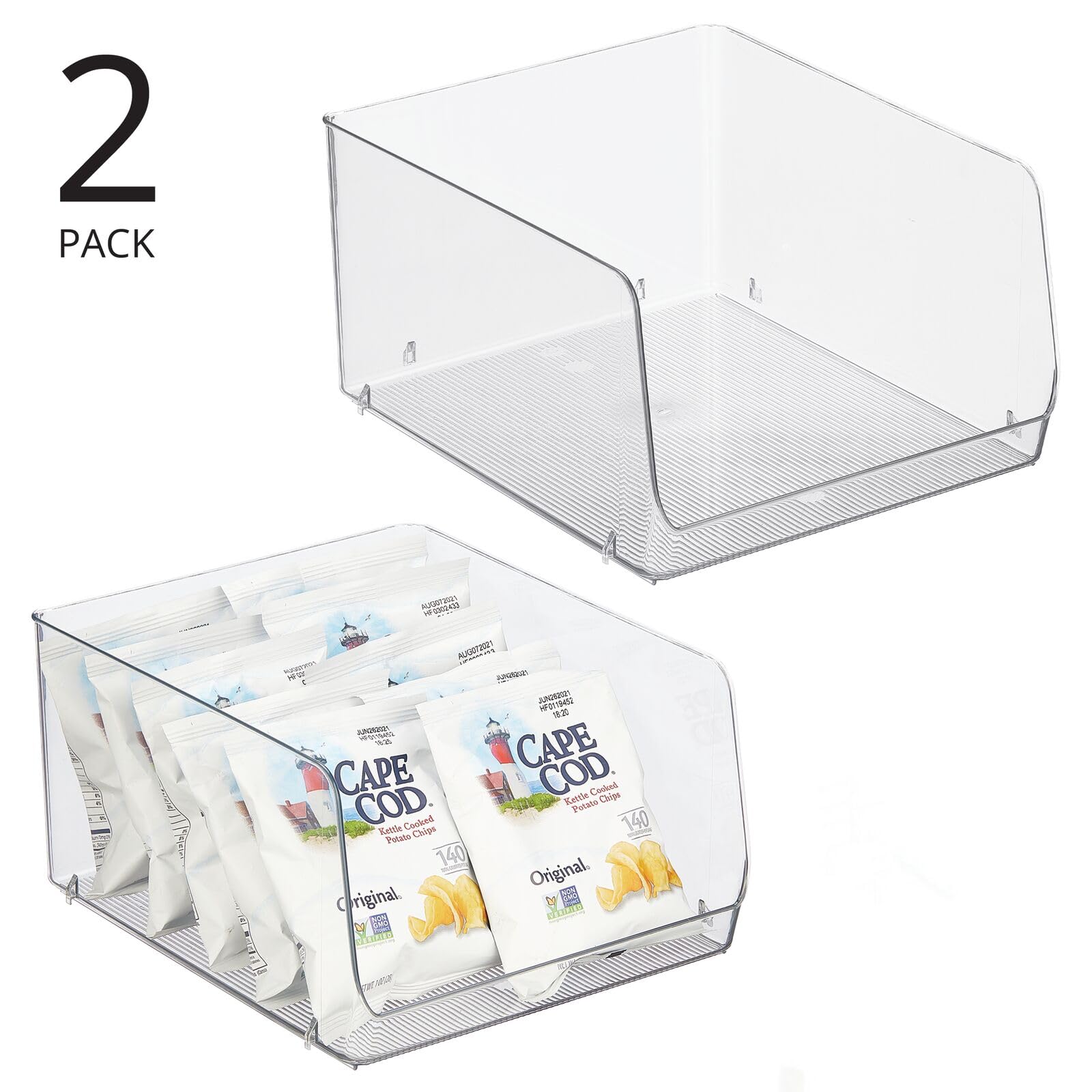 mDesign Wide Stackable Plastic Food Storage Organizer Bin Basket with Open Front for Household Kitchen Cabinets, Pantry, Offices, Closets, Bedrooms, Bathrooms - 10.2" Wide, 2 Pack - Clear