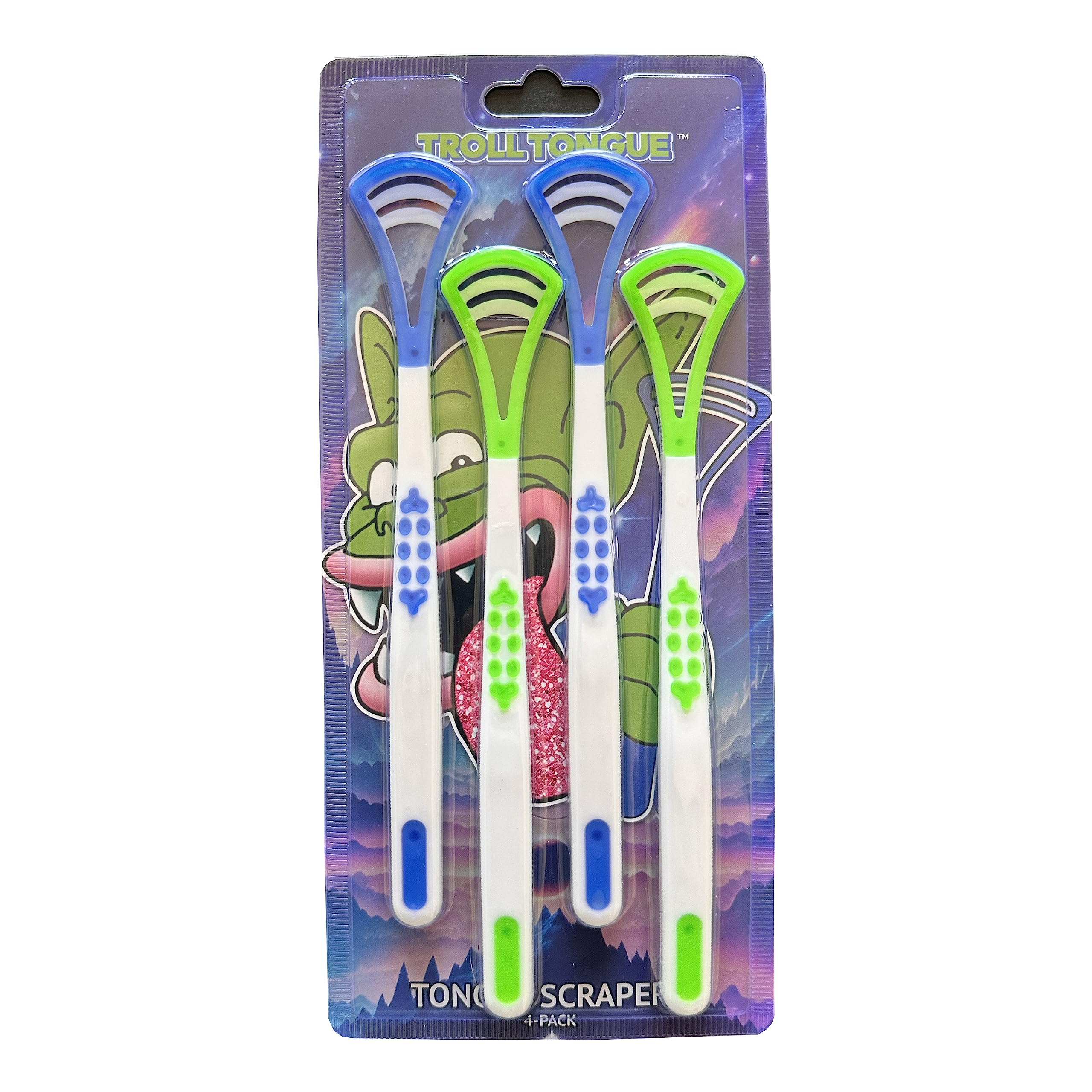 Troll Tongue-Tongue Scrapers-Dual Action Tongue Scraper to Reduce Bad Breath-Medical Grade Tongue Sweepers for Kids, Reusable Tongue Cleaners Set with Varying Colors - 4 Pack