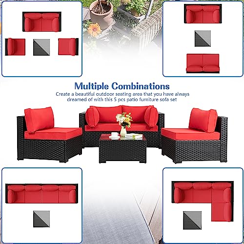 Shintenchi 5 Pieces Outdoor Patio Sectional Sofa Couch, Black PE Wicker Furniture Sets, Patio Conversation Sets with Washable Cushions Glass Coffee Table for Garden, Poolside, Backyard,Red