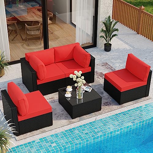 Shintenchi 5 Pieces Outdoor Patio Sectional Sofa Couch, Black PE Wicker Furniture Sets, Patio Conversation Sets with Washable Cushions Glass Coffee Table for Garden, Poolside, Backyard,Red