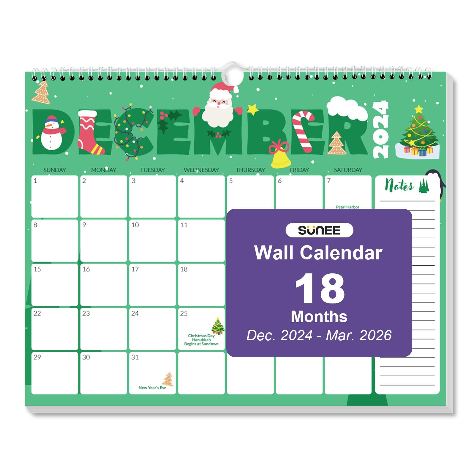 SUNEE Calendar 2024-2025- 18 Months Wall Calendar Oct. 2024 - Mar. 2026, 14.5"x11.5" Big Grid Hanging Calendar with Note for Organizing & Planning, Cute