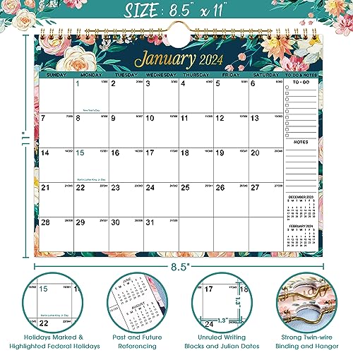 2024 Calendar - Calendar 2024, Jan. 2024 - Dec. 2024, 11" x 8.5", 12-Month Wall Calendar 2024, Small Calendar with Twin-Wire Binding