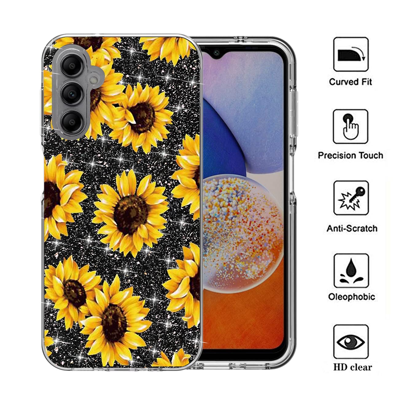 DDTKZC for Samsung Galaxy A14 5G Case,Samsung A14 5G Phone Case, Tempered Glass Protector Lustre Pattern-Sparkle 2 in 1 Clear Shockproof Case (Yellow Sunflower, for Samsung Galaxy A14 5G)