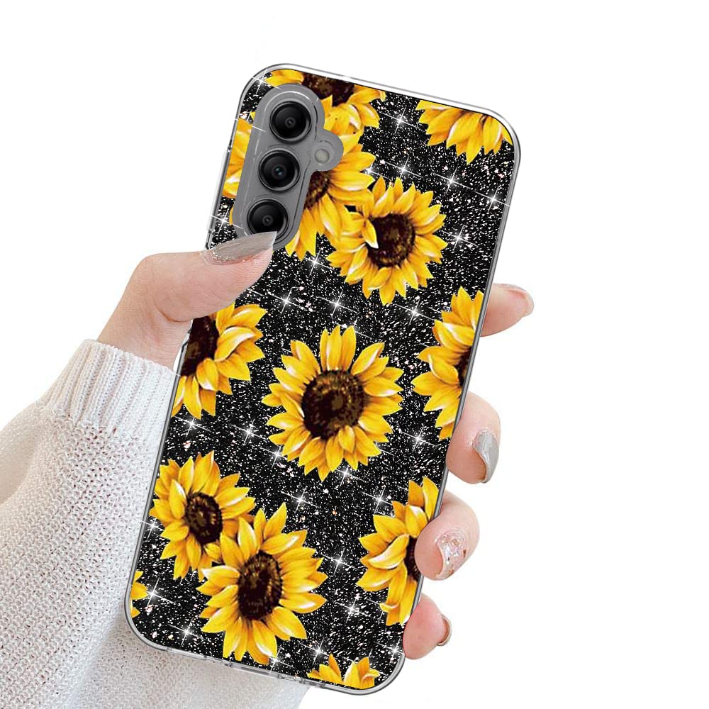 DDTKZC for Samsung Galaxy A14 5G Case,Samsung A14 5G Phone Case, Tempered Glass Protector Lustre Pattern-Sparkle 2 in 1 Clear Shockproof Case (Yellow Sunflower, for Samsung Galaxy A14 5G)