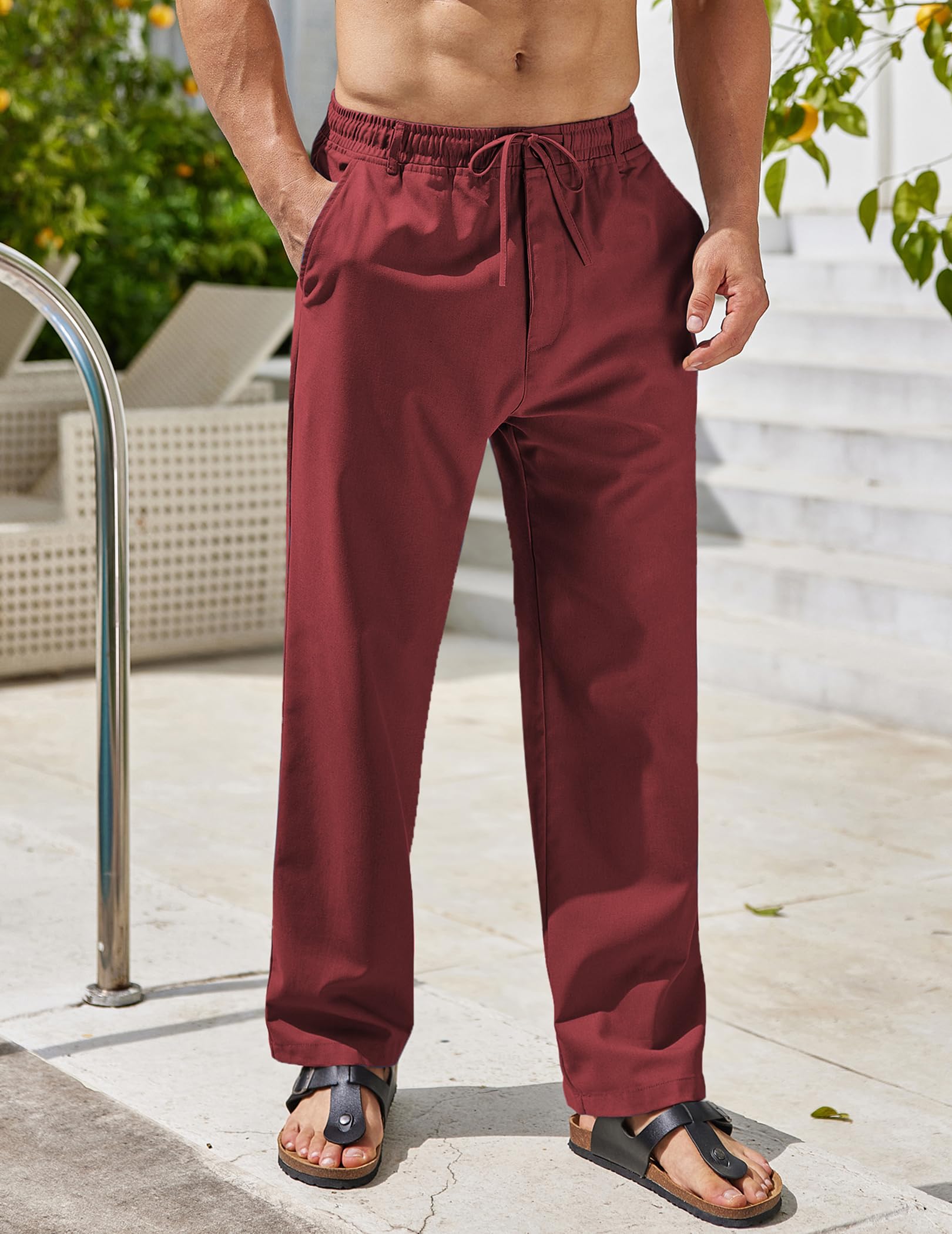 COOFANDY Light Pants for Men Summer Elastic Waist Casual Beach Slacks Linen Blend Trousers (Wine Red, XXXL)
