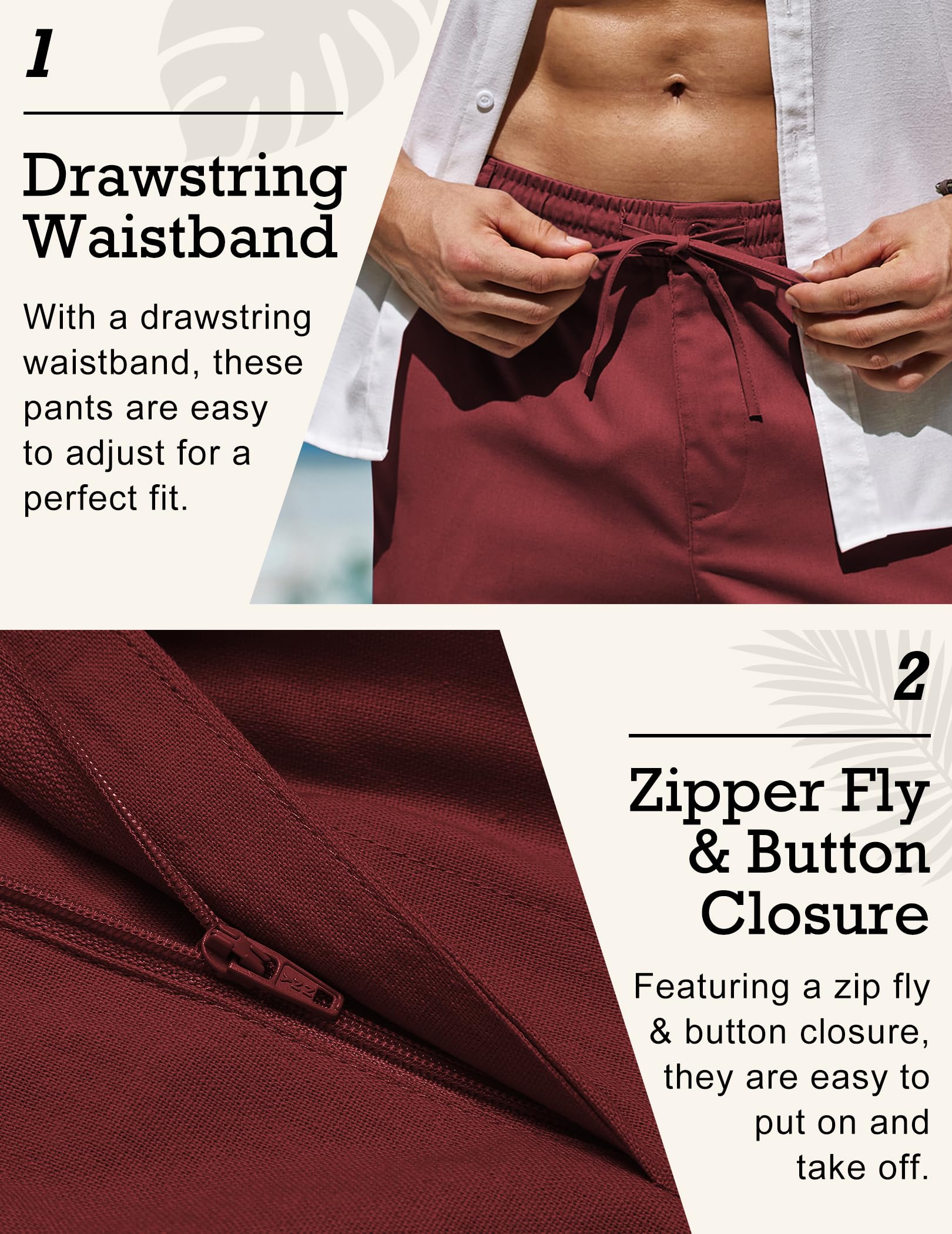 COOFANDY Light Pants for Men Summer Elastic Waist Casual Beach Slacks Linen Blend Trousers (Wine Red, XXXL)