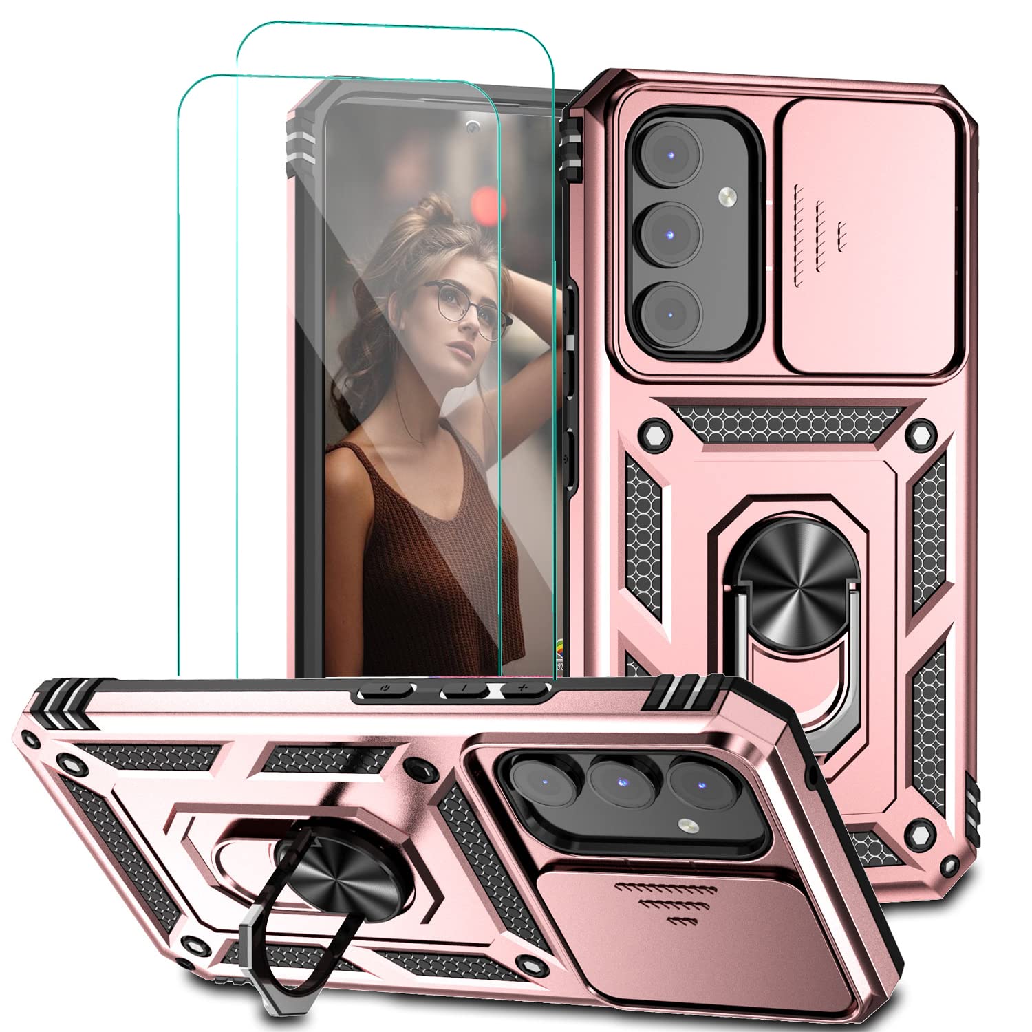 Suyomo for for Samsung Galaxy A54 5G Case with HD Screen Protector [2PCS],Samsung A54 5G Case with Camera Cover + 360 Rotatable Stand Kickstand,Military Grade Heavy Duty Sturdy Case (Rose Gold)